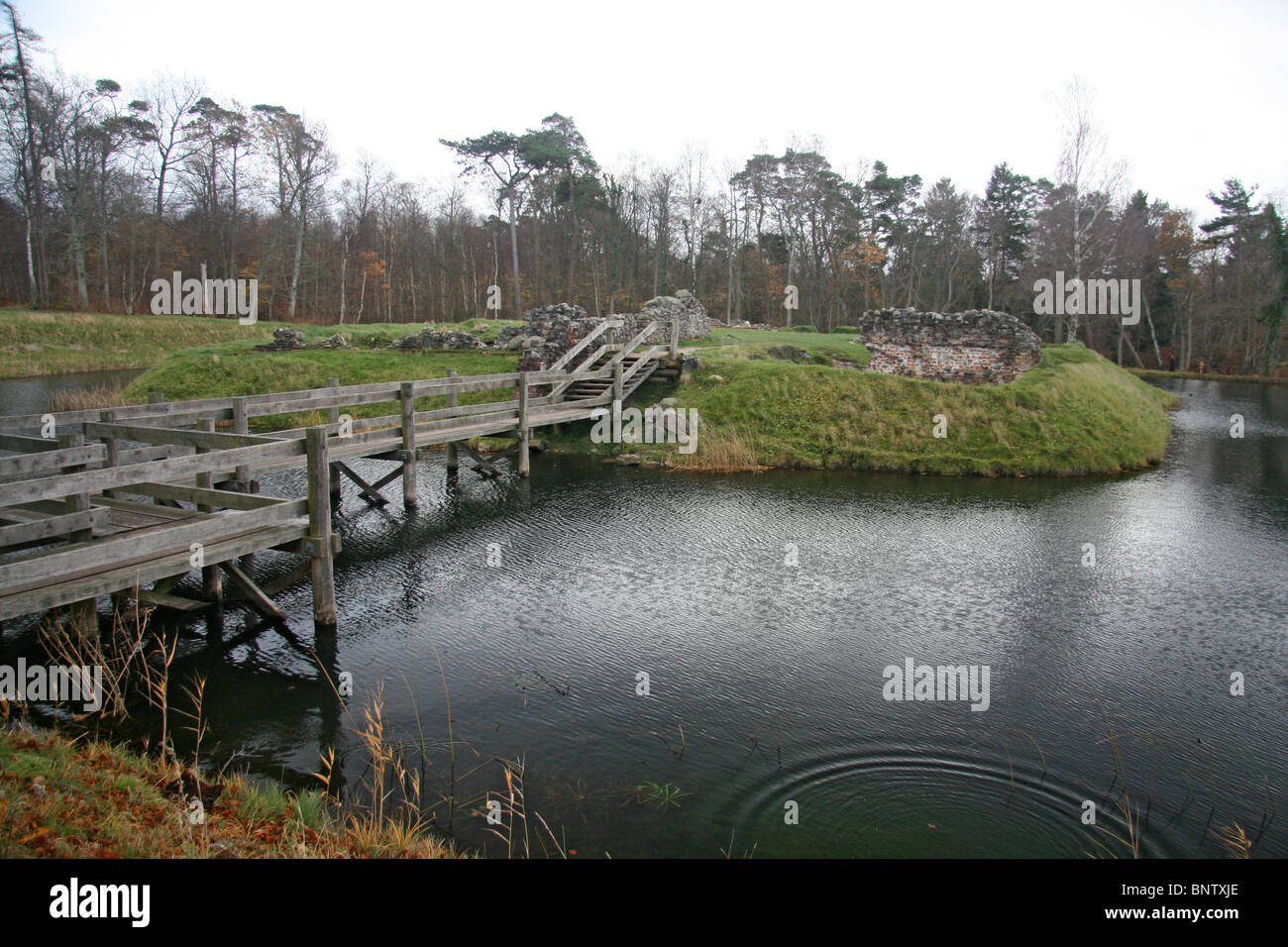 The ruins of Asserbo Monastery as seen from outside the moat, near ...