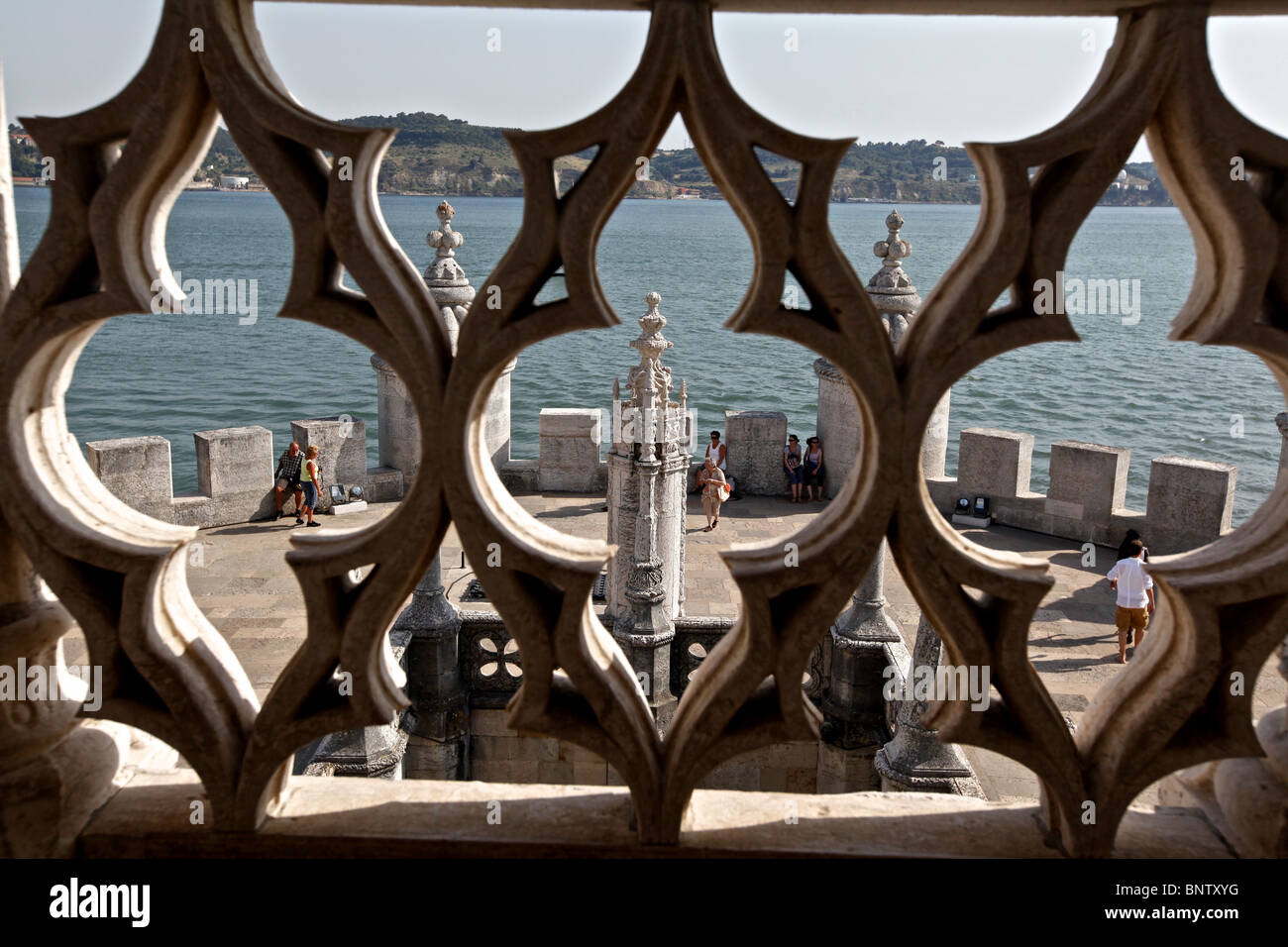 The manueline style terrace of the Belem Tower seen through a ...