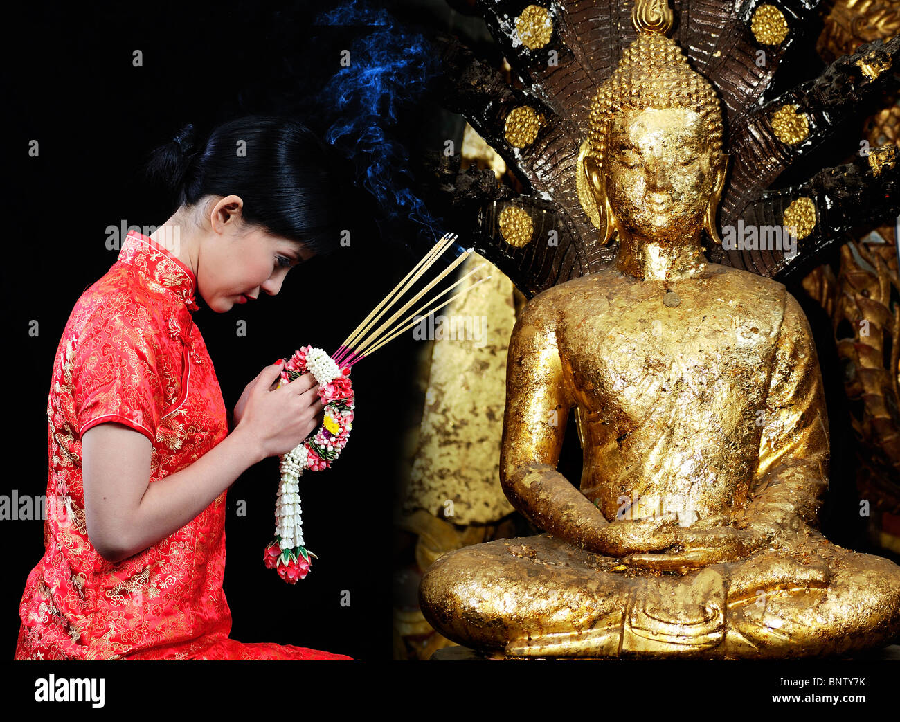 Young asian woman in a chinese dress praying at the temple Stock Photo ...