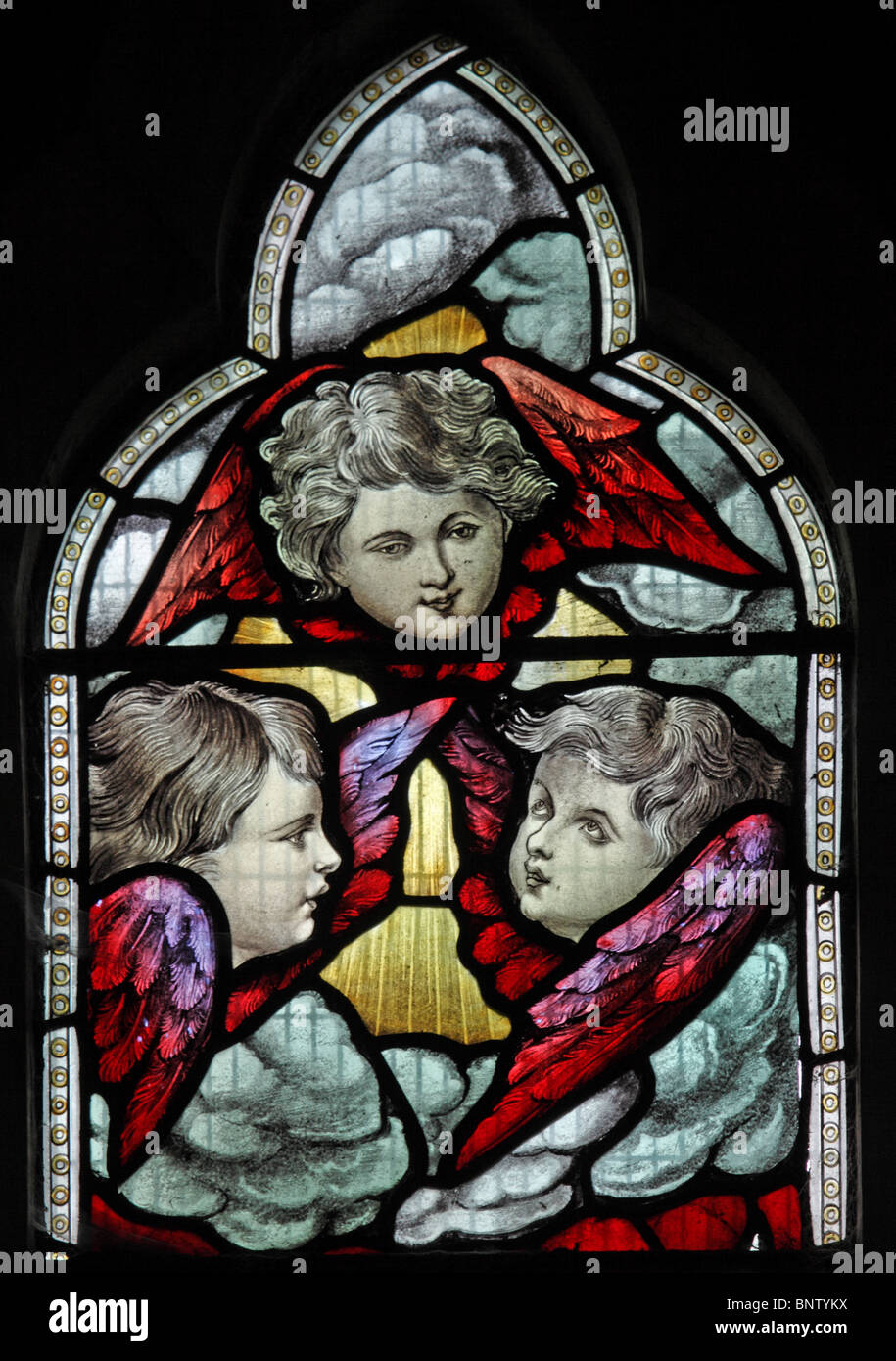 Detail from a stained glass window depicting Cherubs, St Denys Church ...