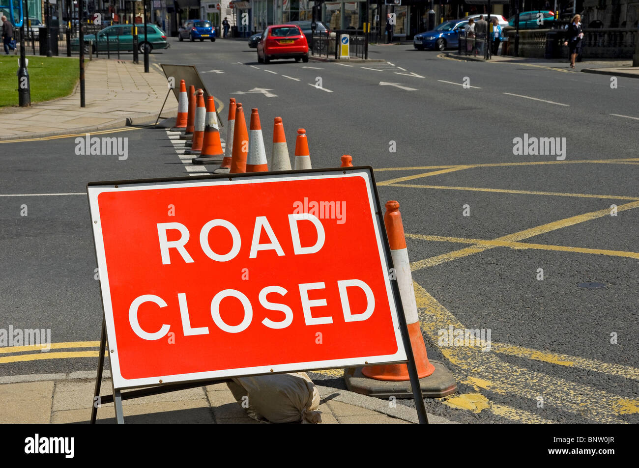 Close up of road closed sign and line of Traffic Cones Harrogate North ...