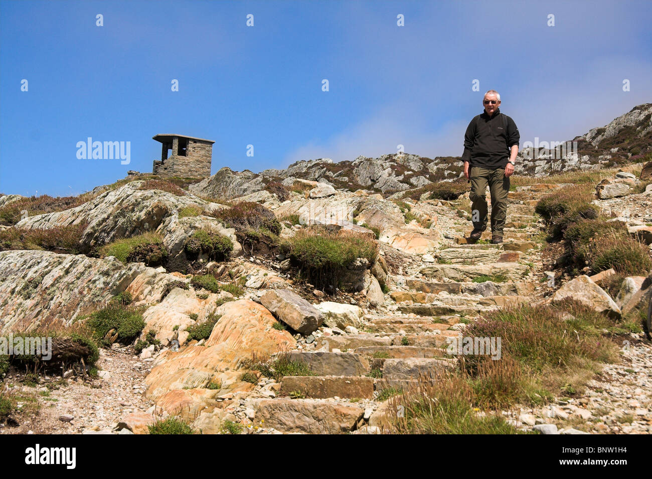 Man walking down a hill at South Stack Cliffs, RSPB reserve, Anglesey ...