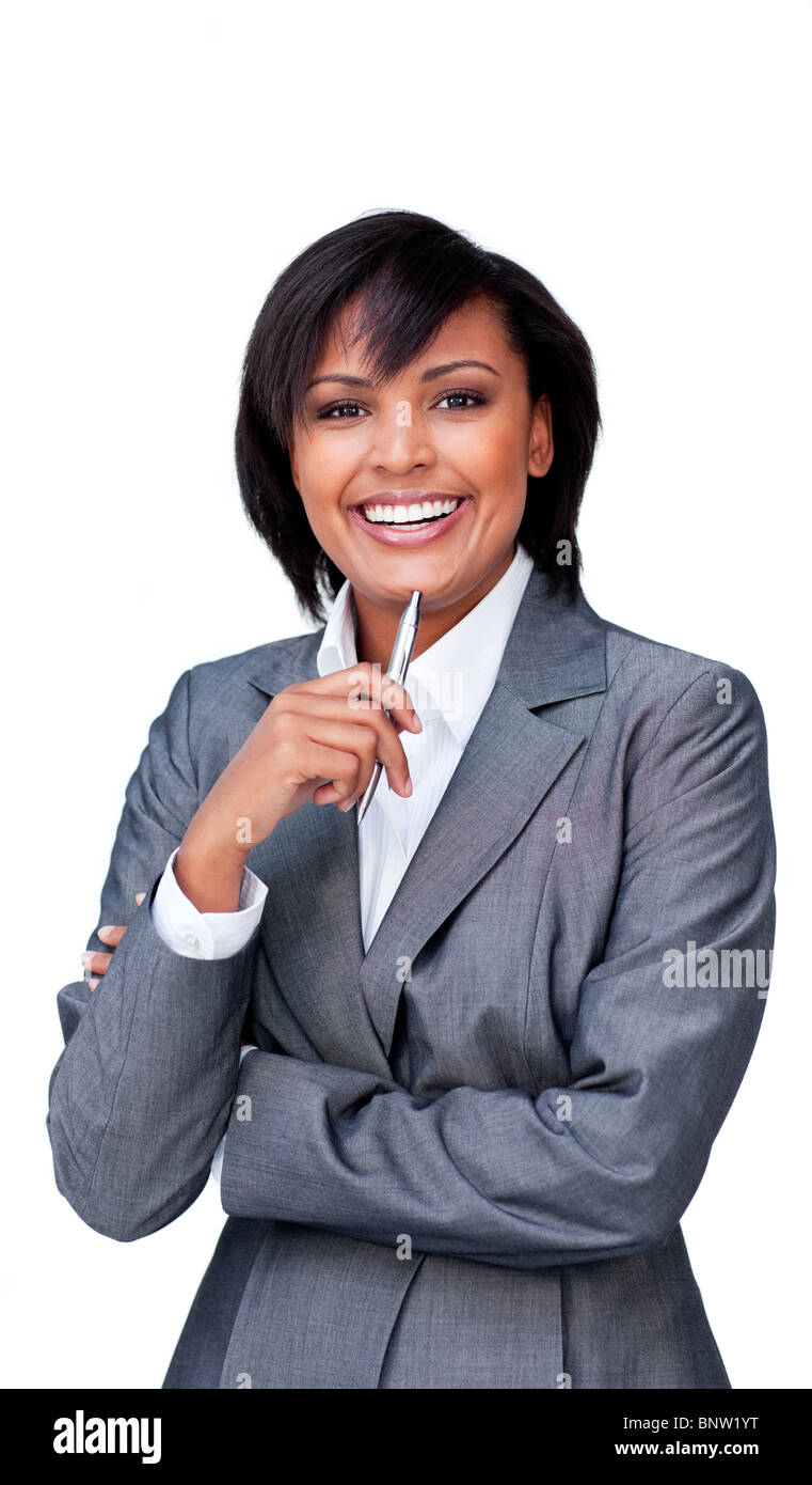 Smiling businesswoman holding a pen Stock Photo - Alamy Smiling businesswoman holding a pen Stock Photo - Alamy