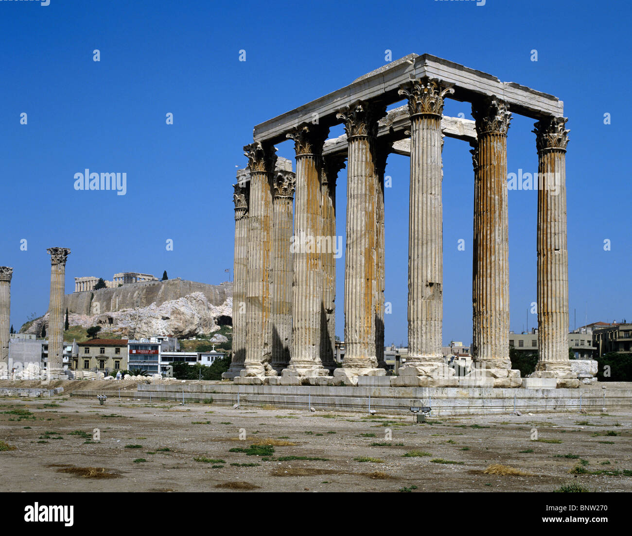 Athens - View of the Temple of Olympian Zeus and the Acropolis Stock ...