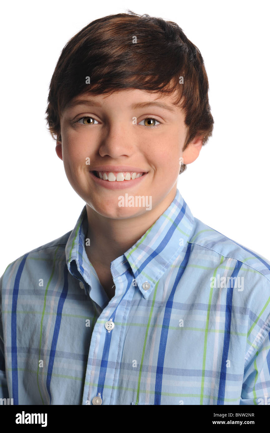 Portrait of young boy smiling isolated over white background Stock ...