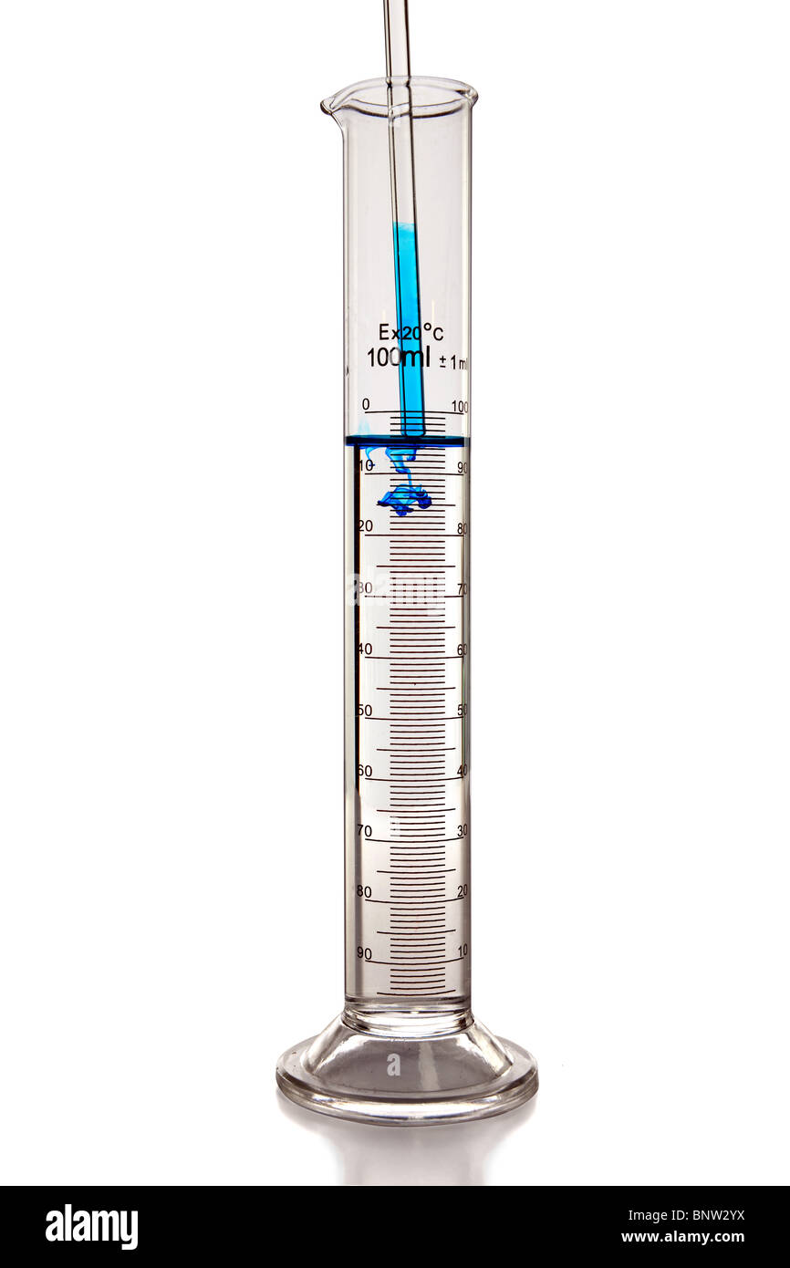 Graduated cylinder receiving colorant isolated over white background ...