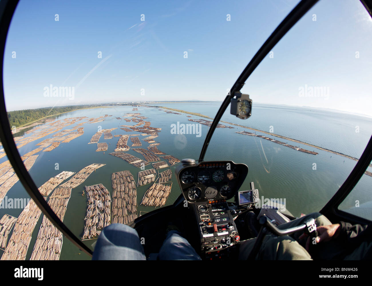 Looking out of a helicopter over a massive log float, near Vancouver BC ...