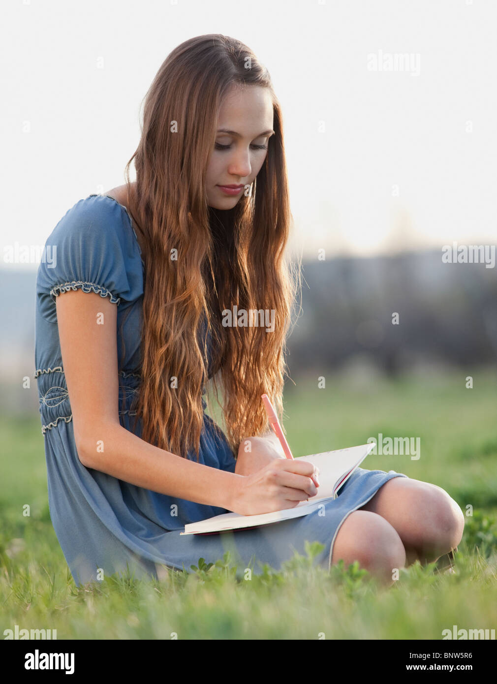 Beautiful long haired woman writing in journal Stock Photo - Alamy