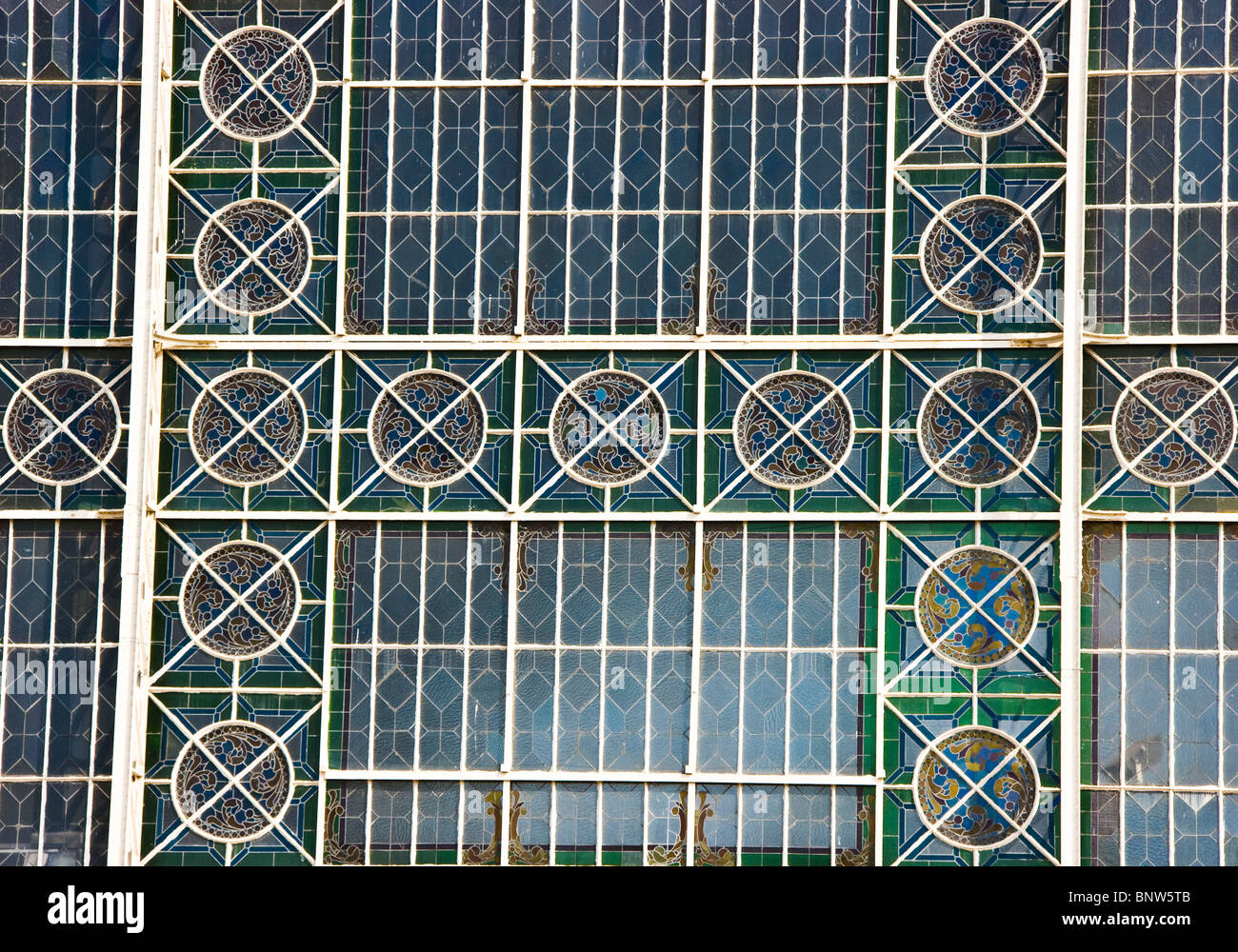 Stained glass in the wrought iron Vystaviste building Prague Czech ...