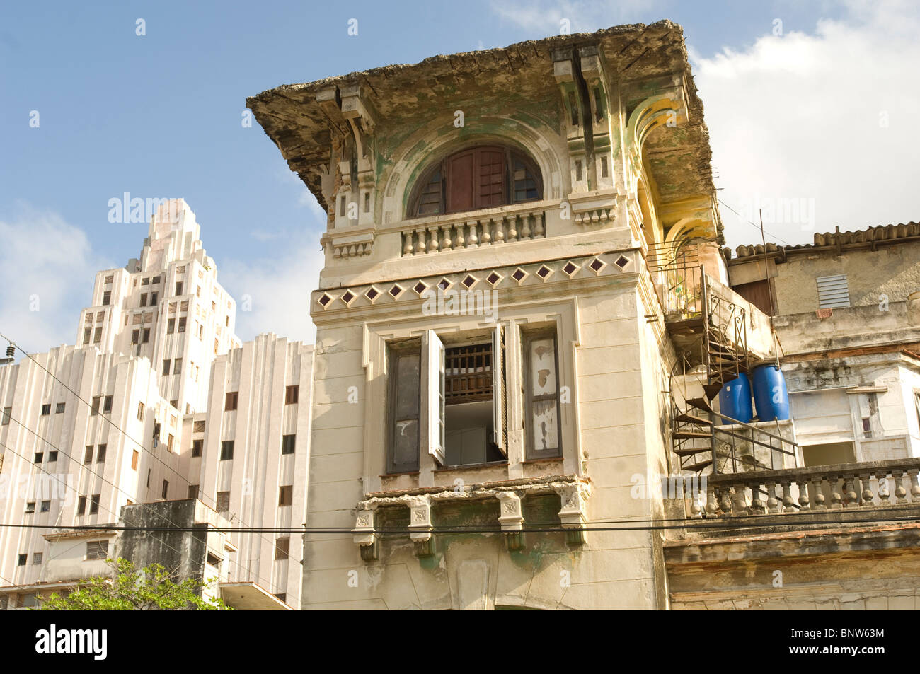 Faded and run down colonial style housing block in Havana, Cuba Stock ...