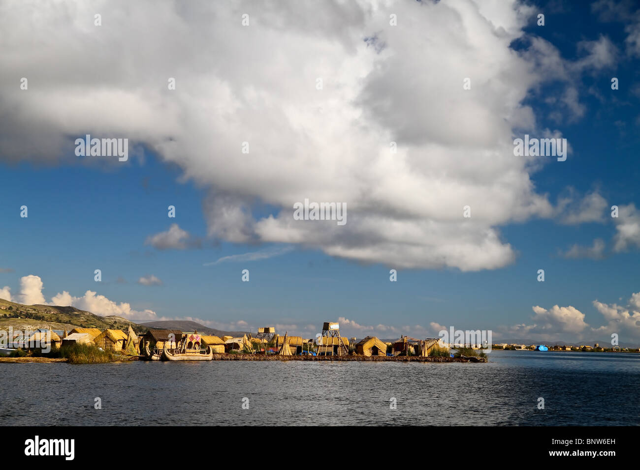 Uros people living on the floating islands of the Lake Titicaca in Peru ...