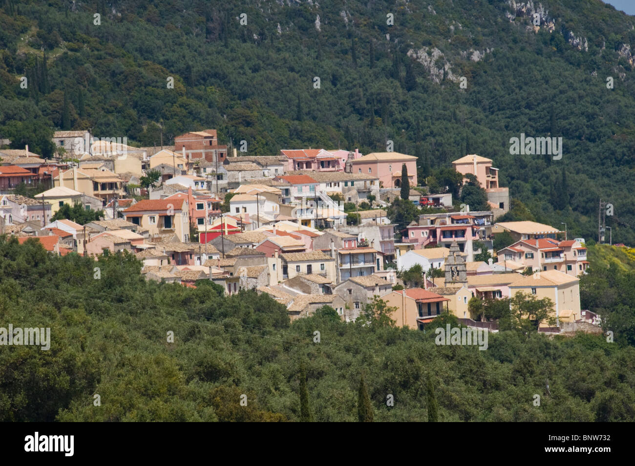 Village of Lakones on the mountainside above Paleokastritsa on the ...