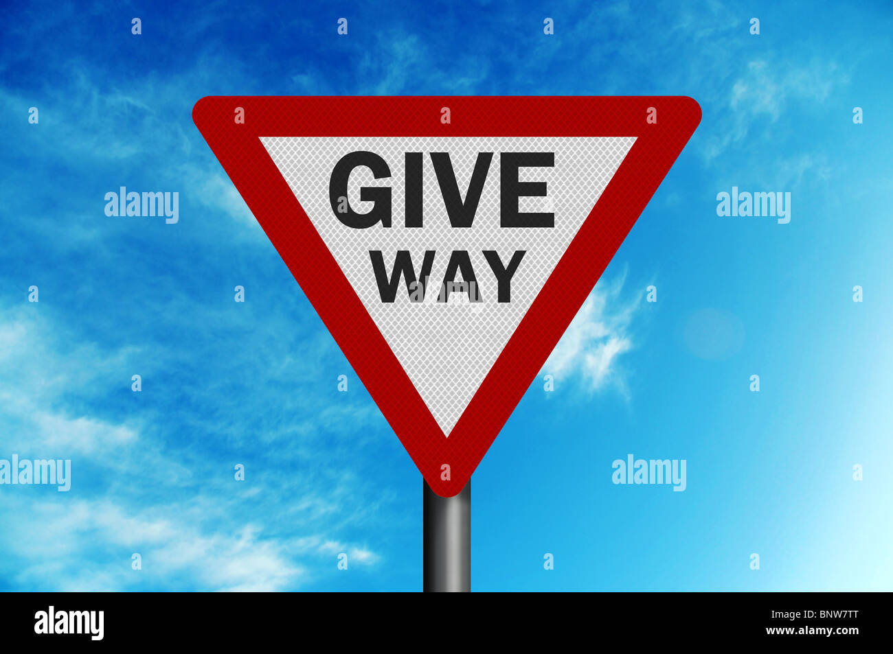 Photo realistic metallic, reflective ' give way' traffic sign, against ...