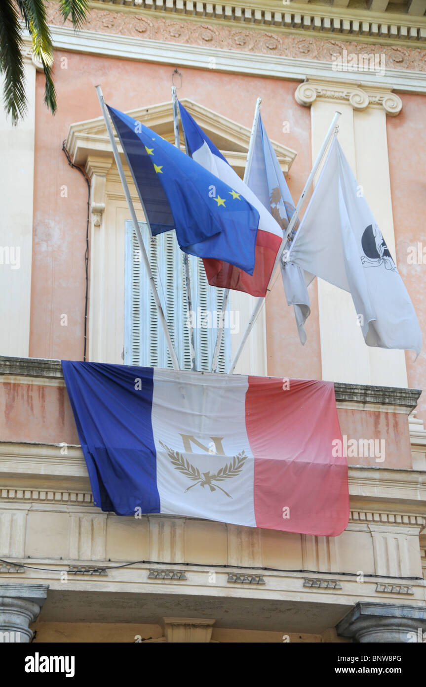 CORSICA FRENCH CORSICAN AND NAPOLEON FLAGS INTHE OLD TOWN OF AJACCIO ...