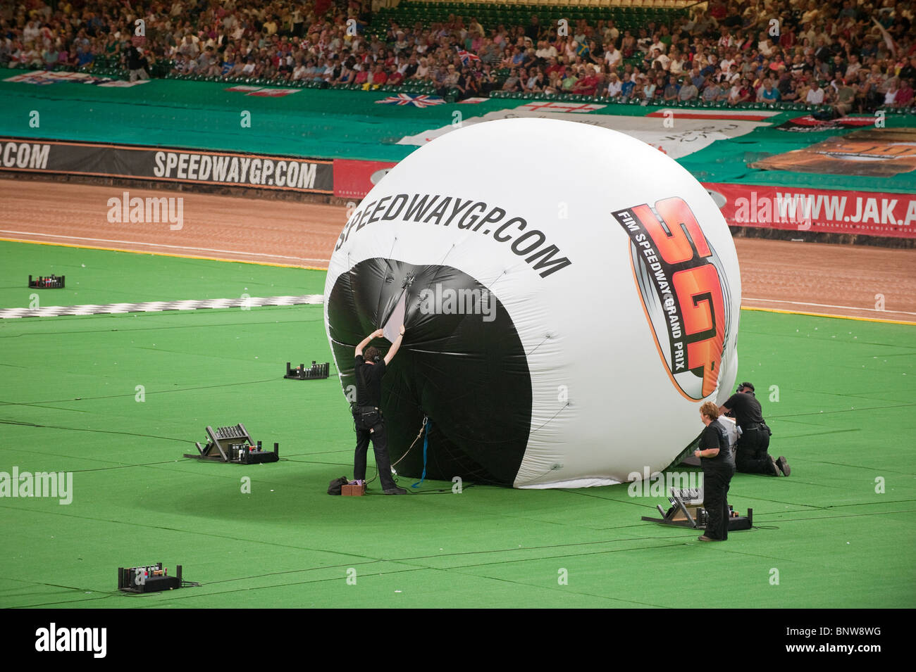 White inflatable helmet being deflated at the 2010 British Speedway ...