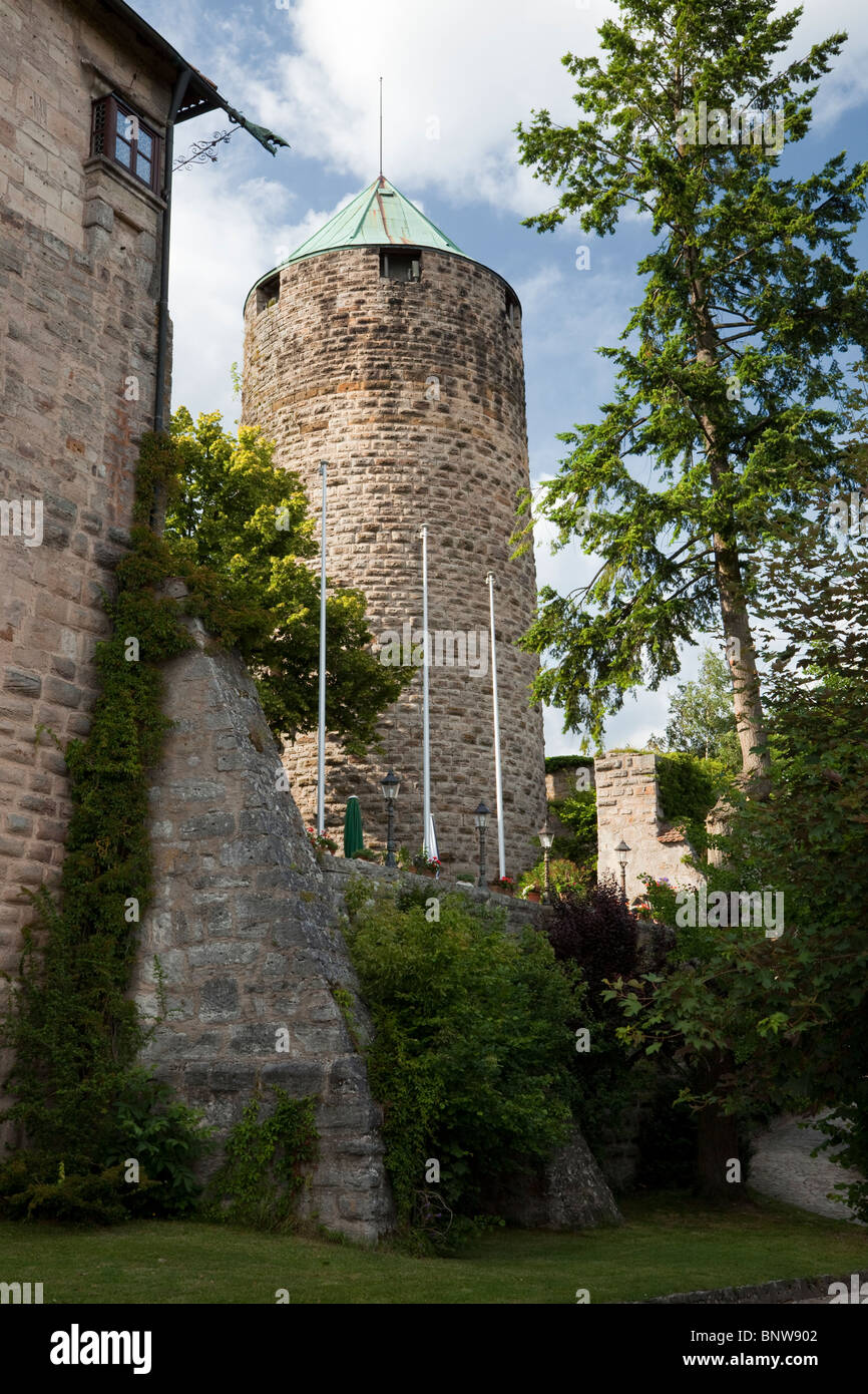 Round stone Turret of 13th century Medieval Castle hotel Colmberg ...