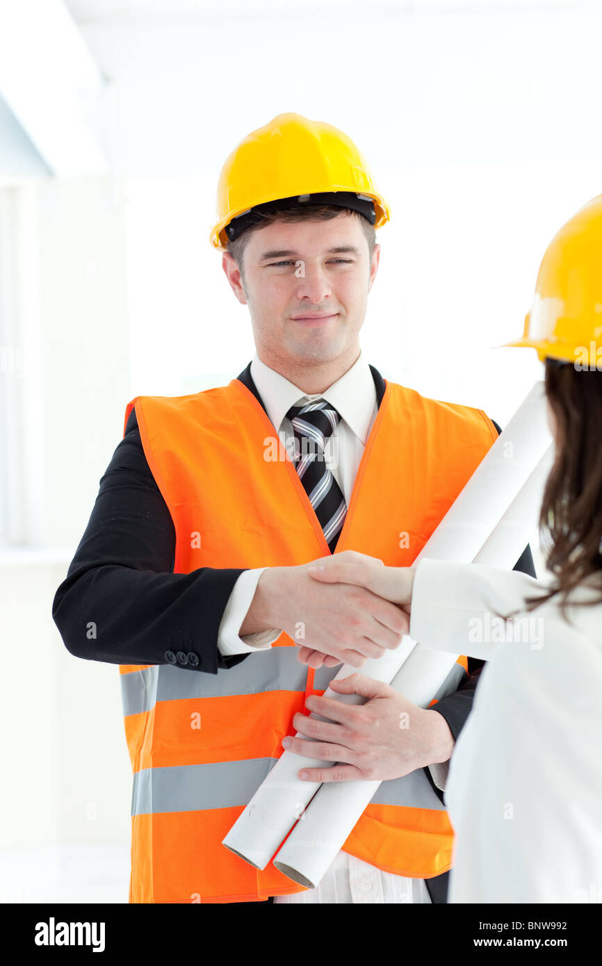Cute architect discussing with his colleague Stock Photo - Alamy