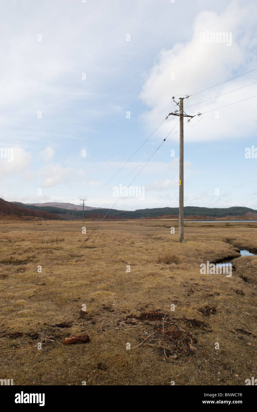 Overhead electricity power lines, Kentra Bay, Scotland Stock Photo - Alamy