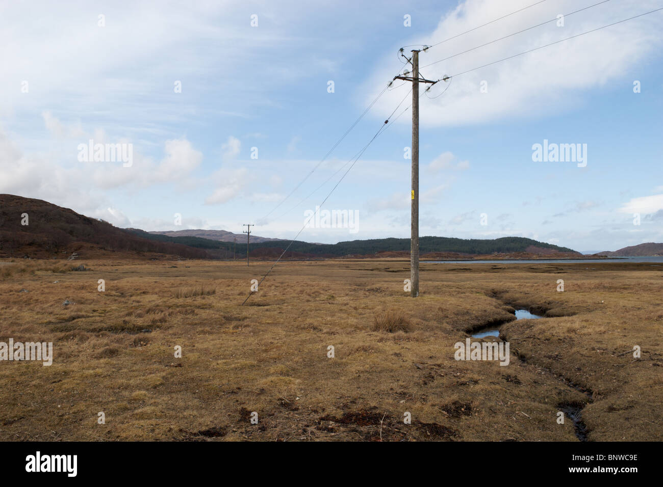 Overhead electricity power lines, Kentra Bay, Scotland Stock Photo - Alamy