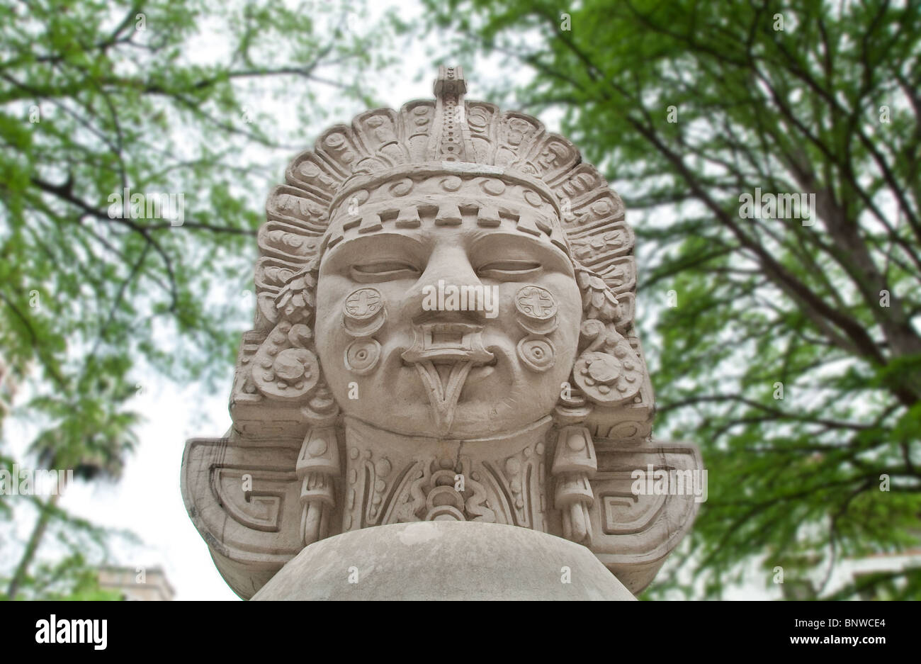 Aztec statue on historic River Walk on banks of the Paseo del Rio in ...