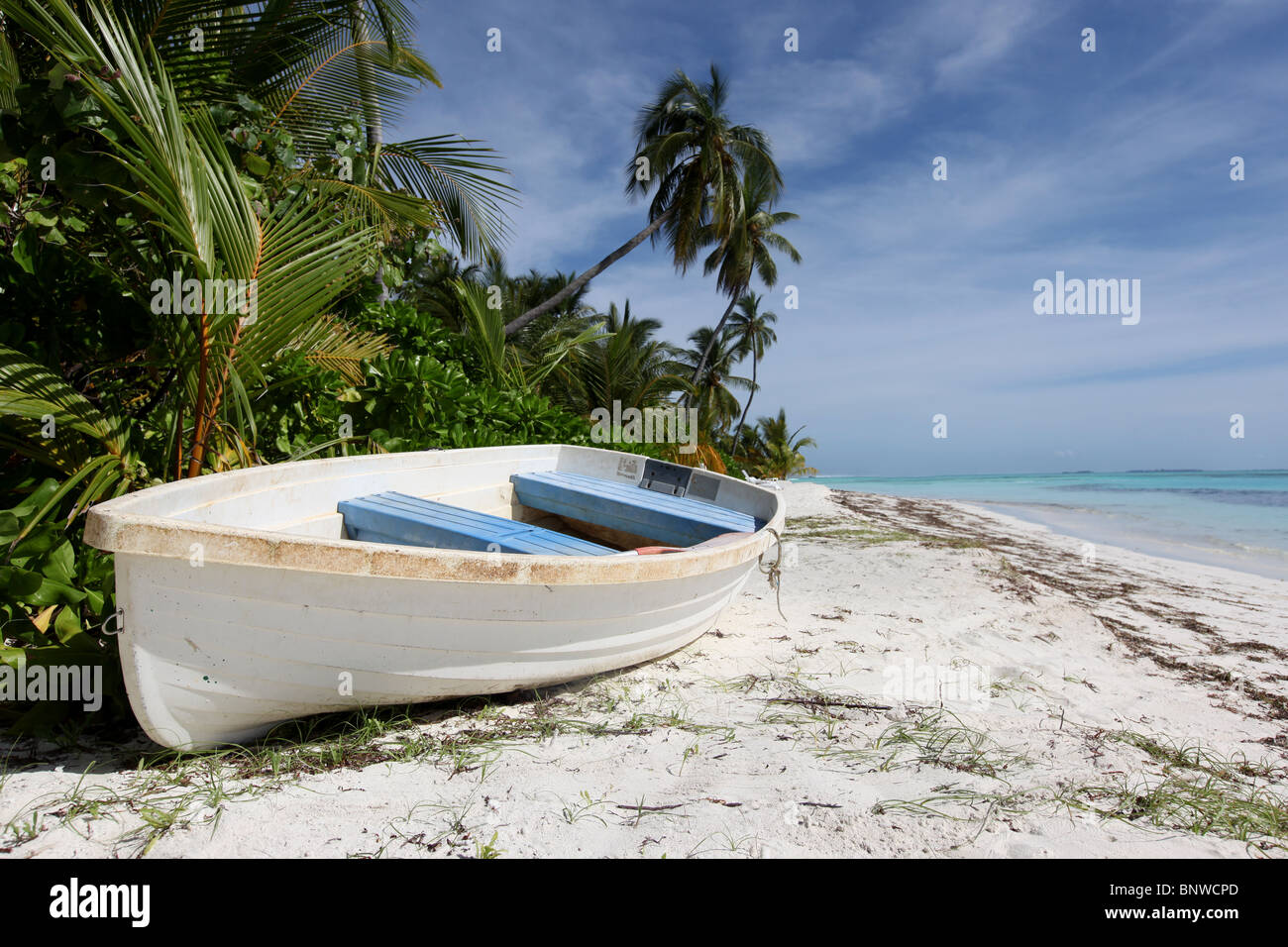 A white rowing boat on a deserted beach on Meeru Island Resort ...