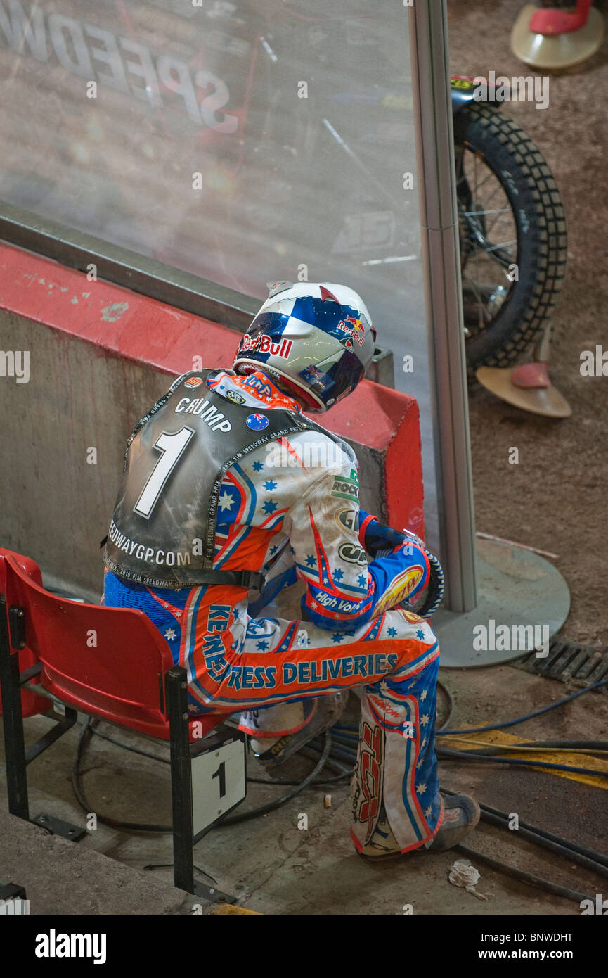 2010 British Speedway Grand Prix, Jason Crump sits alone preparing for ...