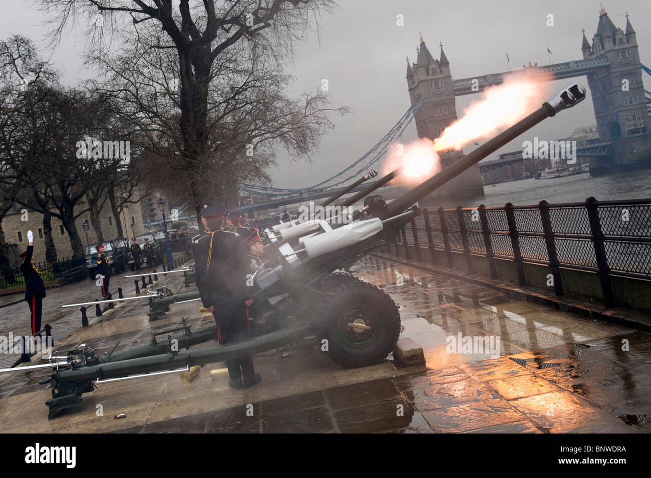 A 62 gun salute is fired by the outside the Tower of London to ...