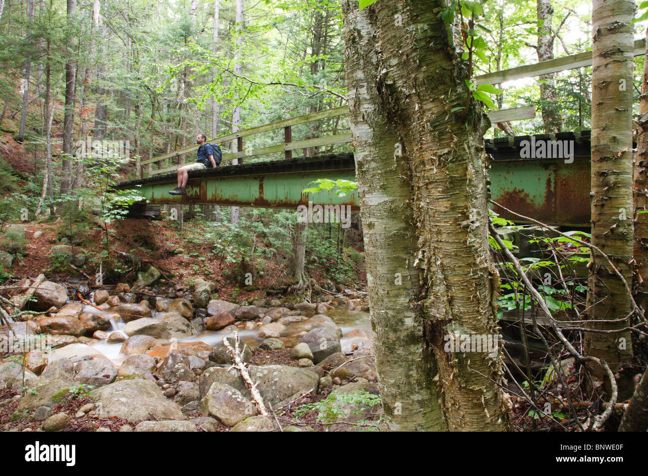 A hiker sitting on footbridge which crosses Black Brook in the ...