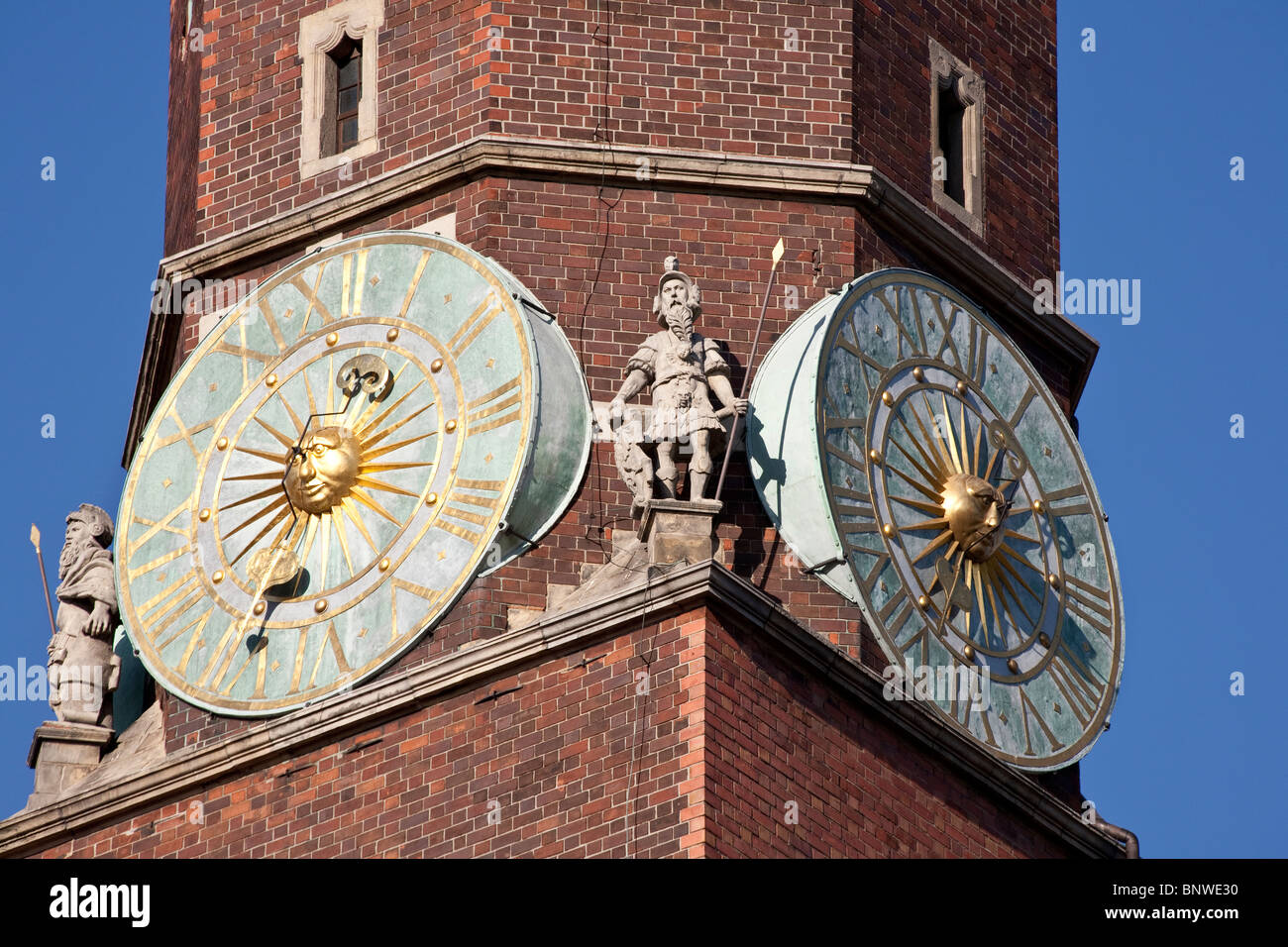Town Hall clock in main square Rynek Glowny Wroclaw, Poland July 2010 ...