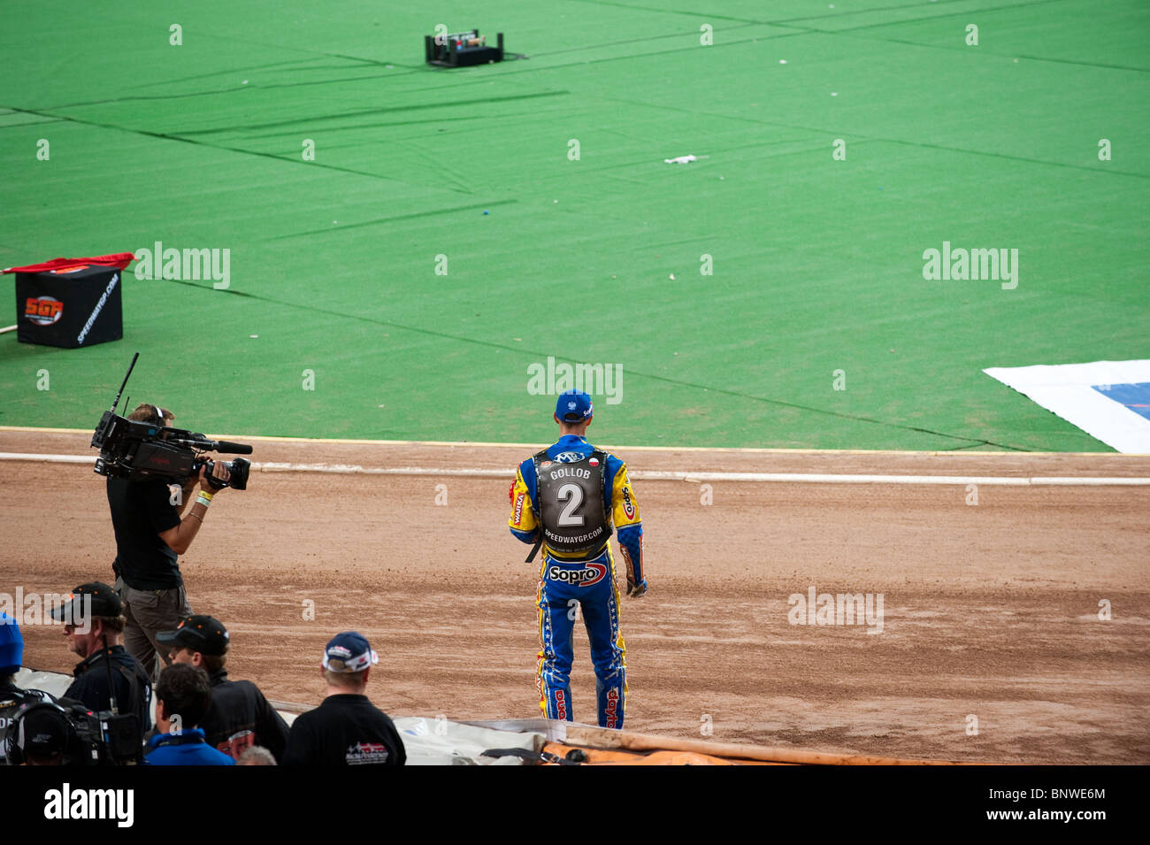 2010 British Speedway Grand Prix, Thomas Gollob inspects the tract ...