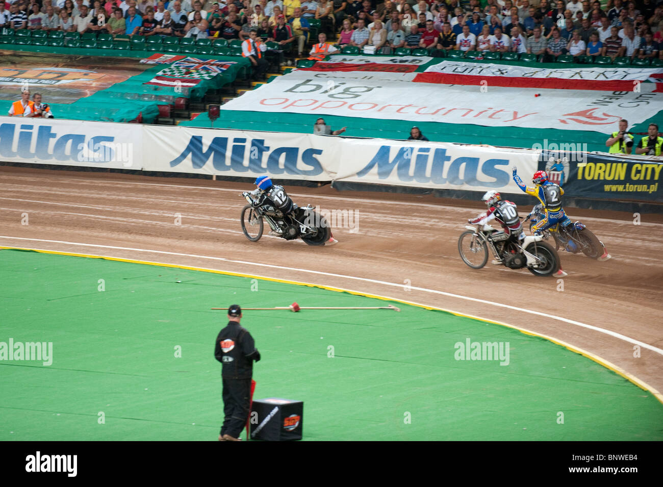 2010 British Speedway Grand Prix. Thomas Gollob signals an engine ...