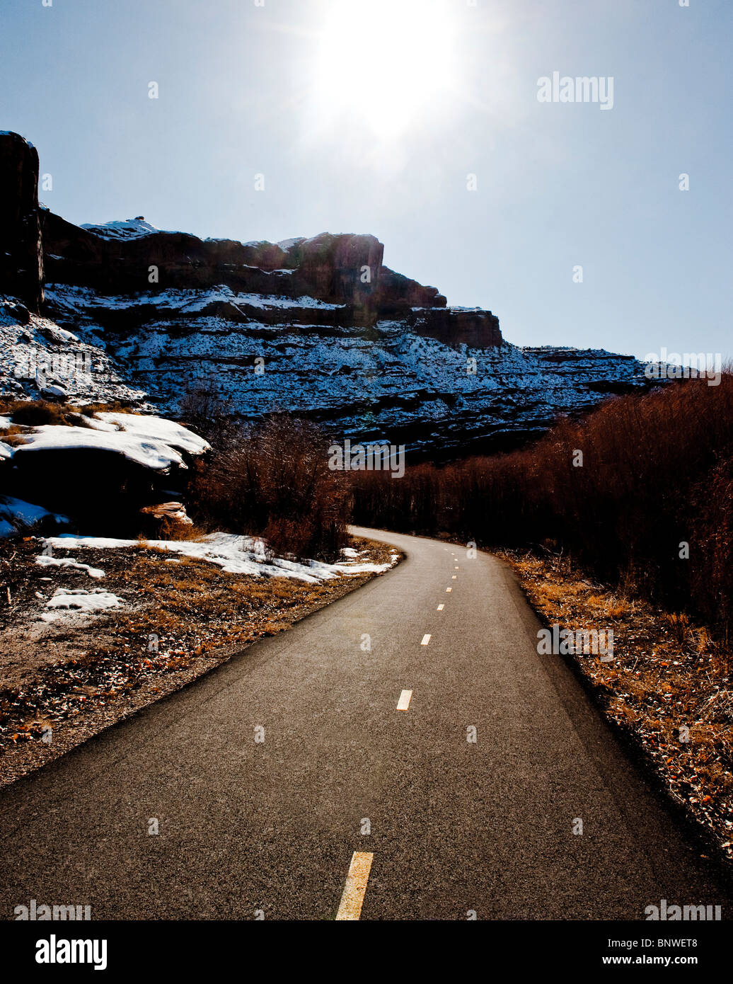 Paved pathway with yellow dividing line backlit in bright sun along the ...