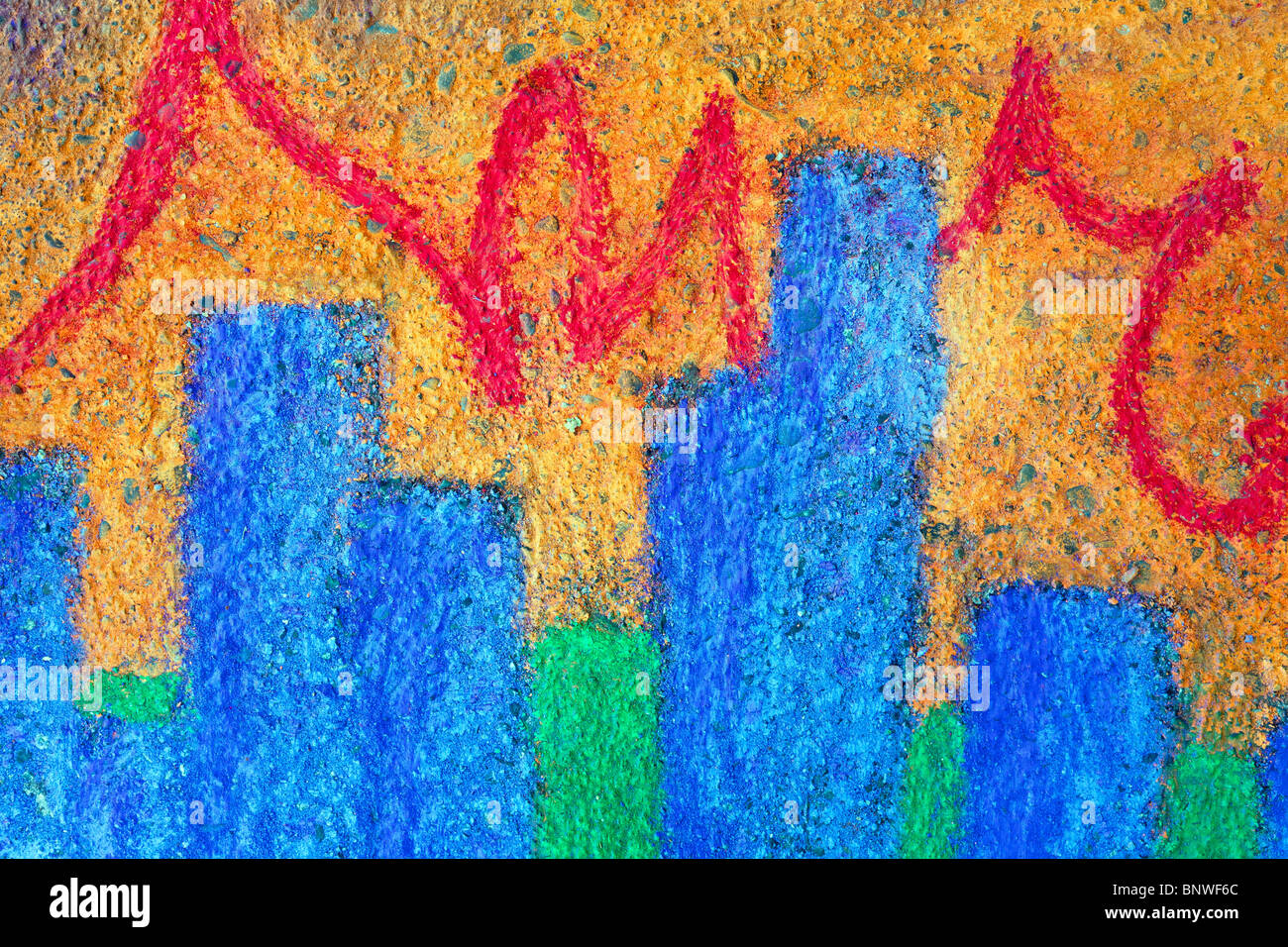 fire in the city detail of sidewalk chalk drawing in vivid yellow ...