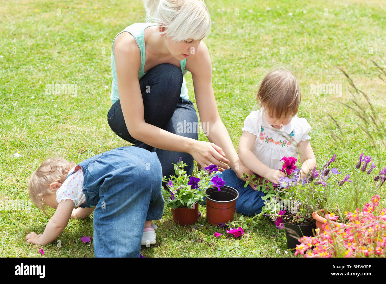 Family in the garden with flowers Stock Photo - Alamy