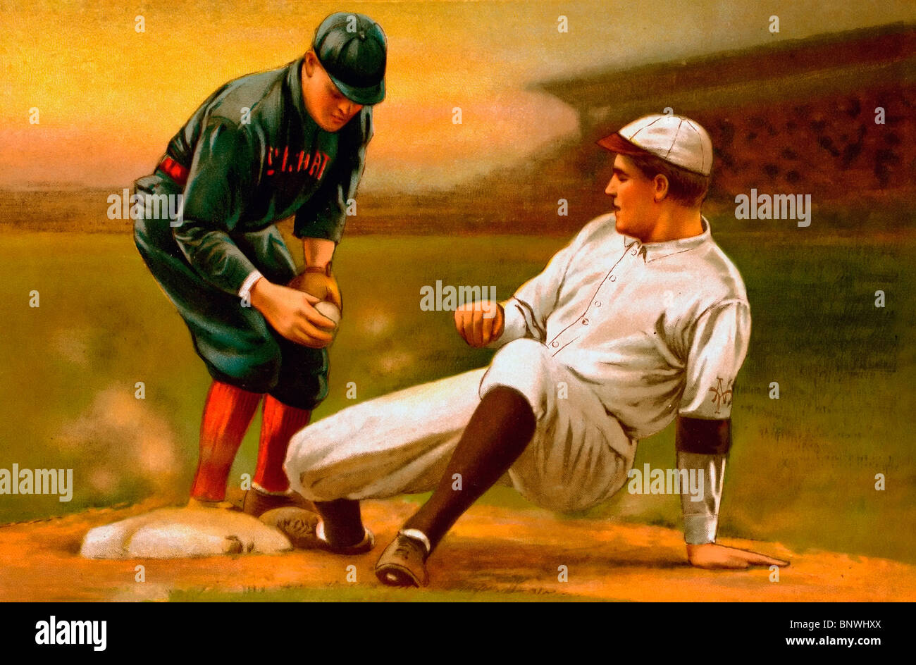 A close play at second, baseball card portrait, circa 1911 Stock Photo ...