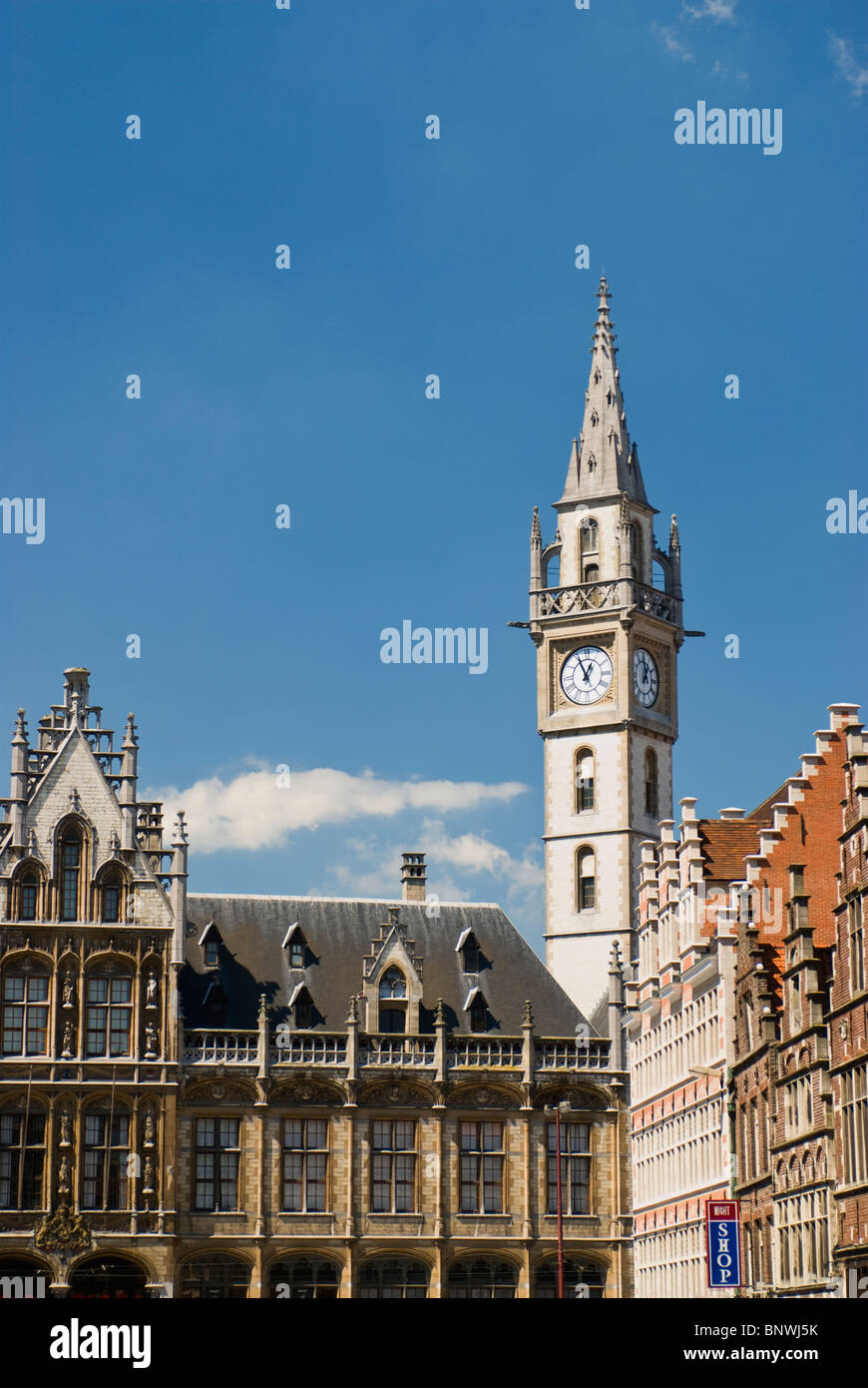 Belgium, Ghent, Belfry of Ghent tower and Gothic buildings Stock Photo ...