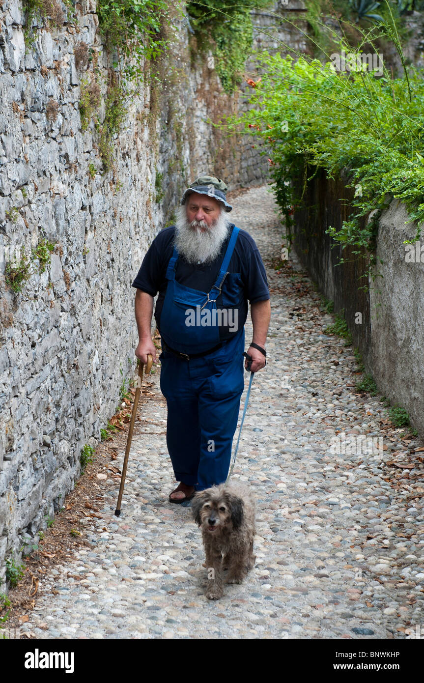 Bearded man walking his dog on walled path, Varenna Lake Como Italy ...