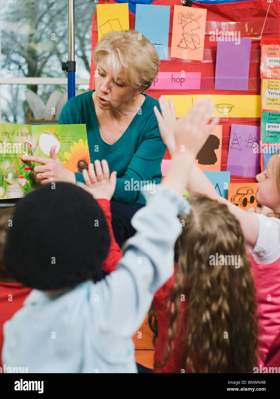 Elementary school teacher reading book to students Stock Photo - Alamy
