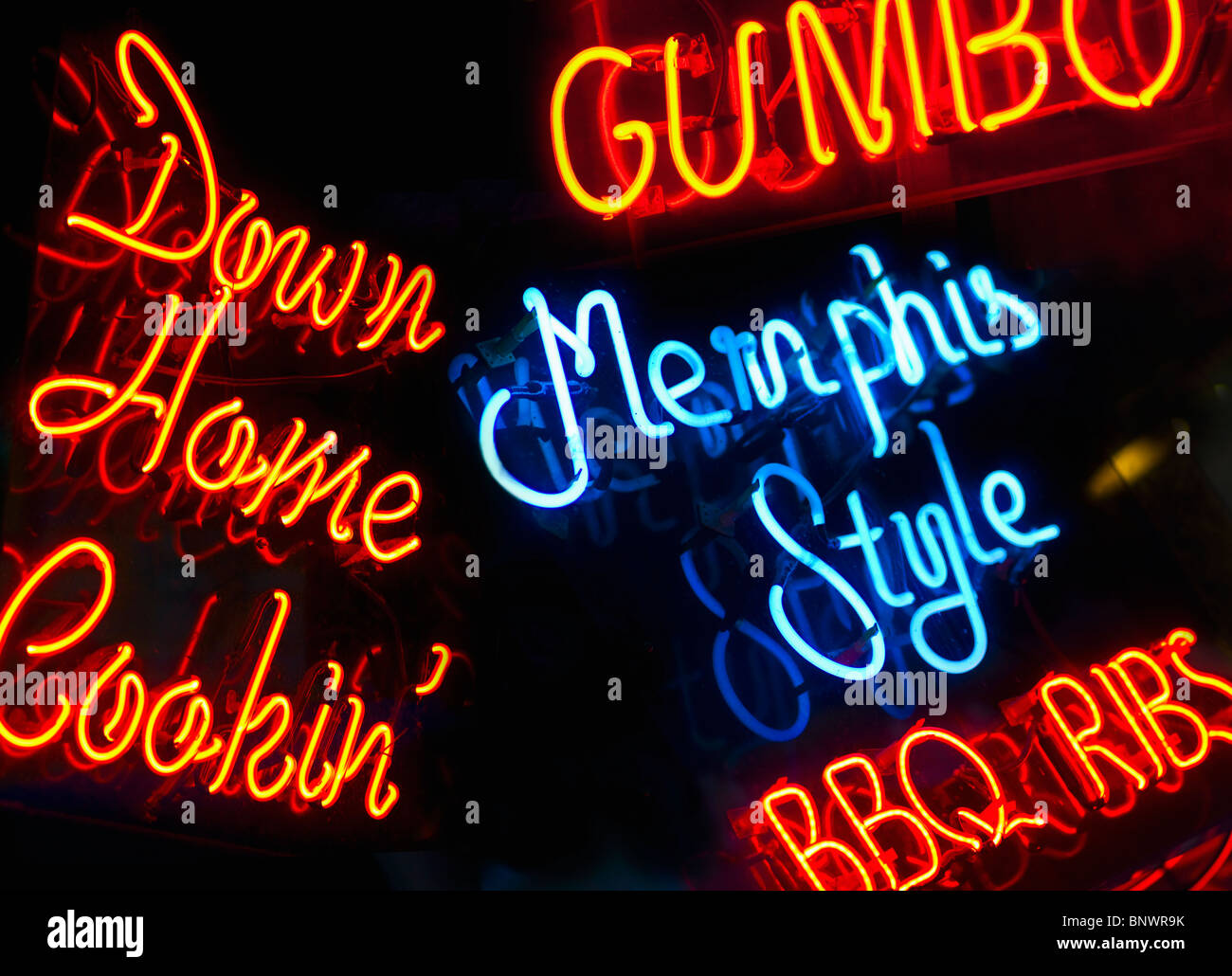 Illuminated signs on Beale Street in Memphis Stock Photo - Alamy