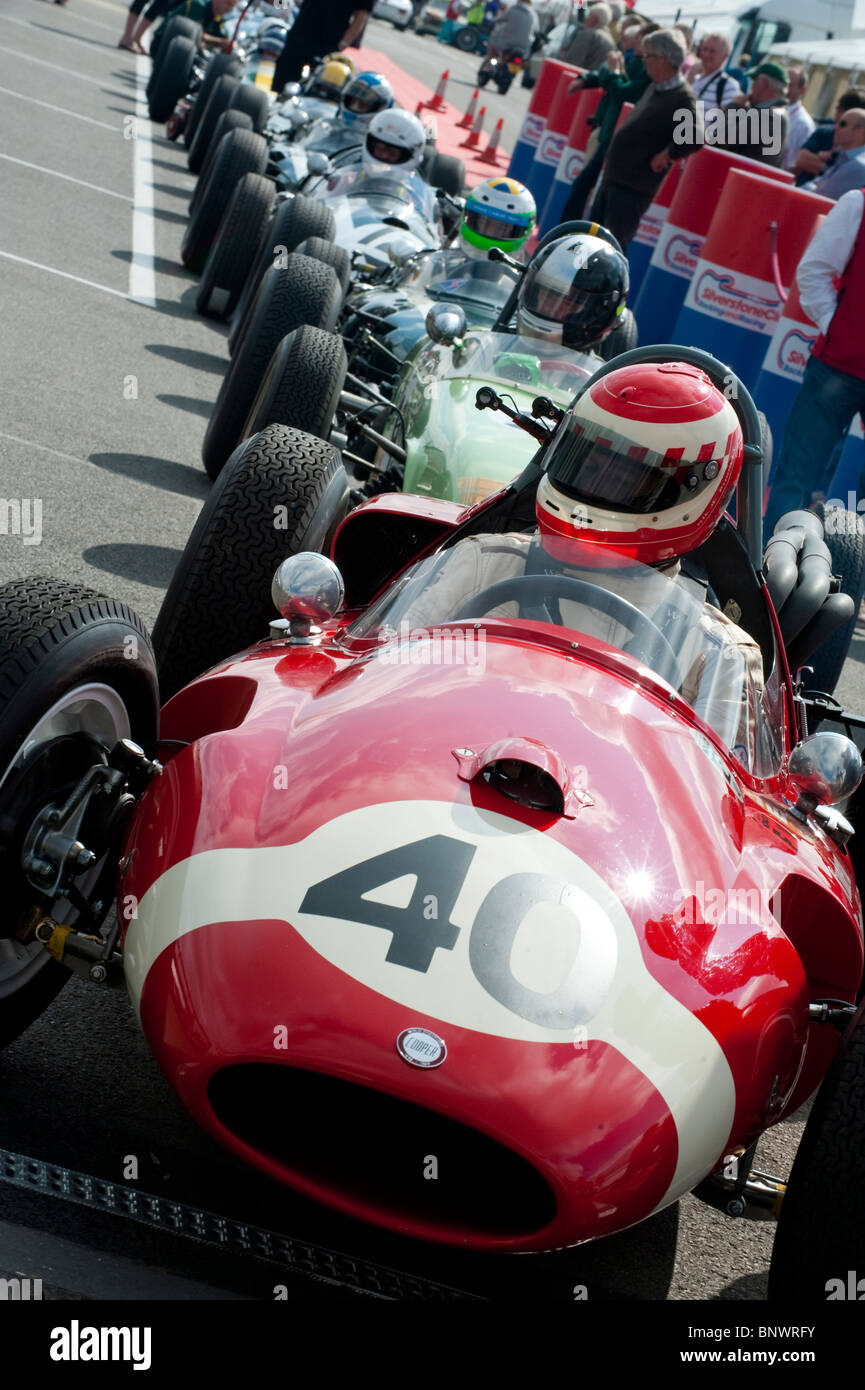 Historic Grand Prix cars lined up at Silverstone Classic event, England ...
