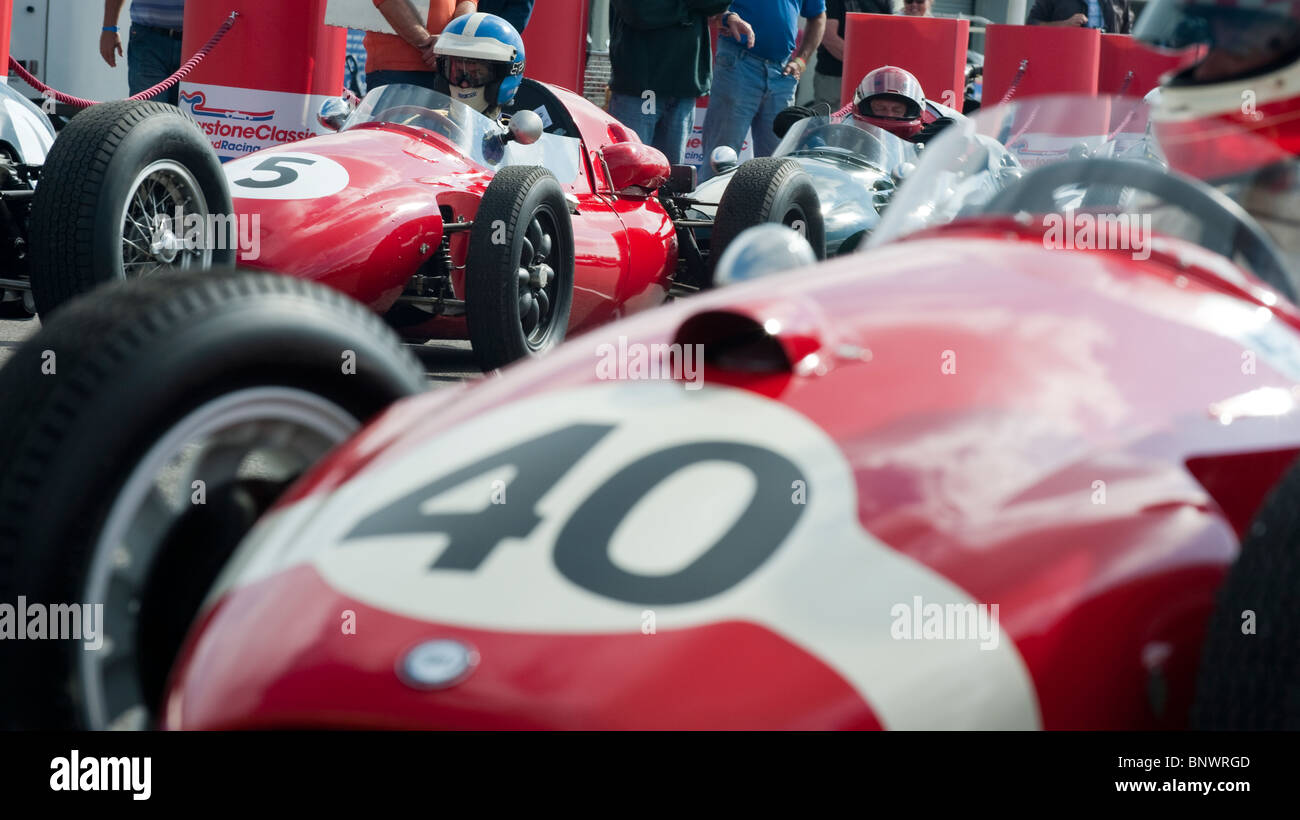 Historic Grand Prix cars lined up at Silverstone Classic event, England ...