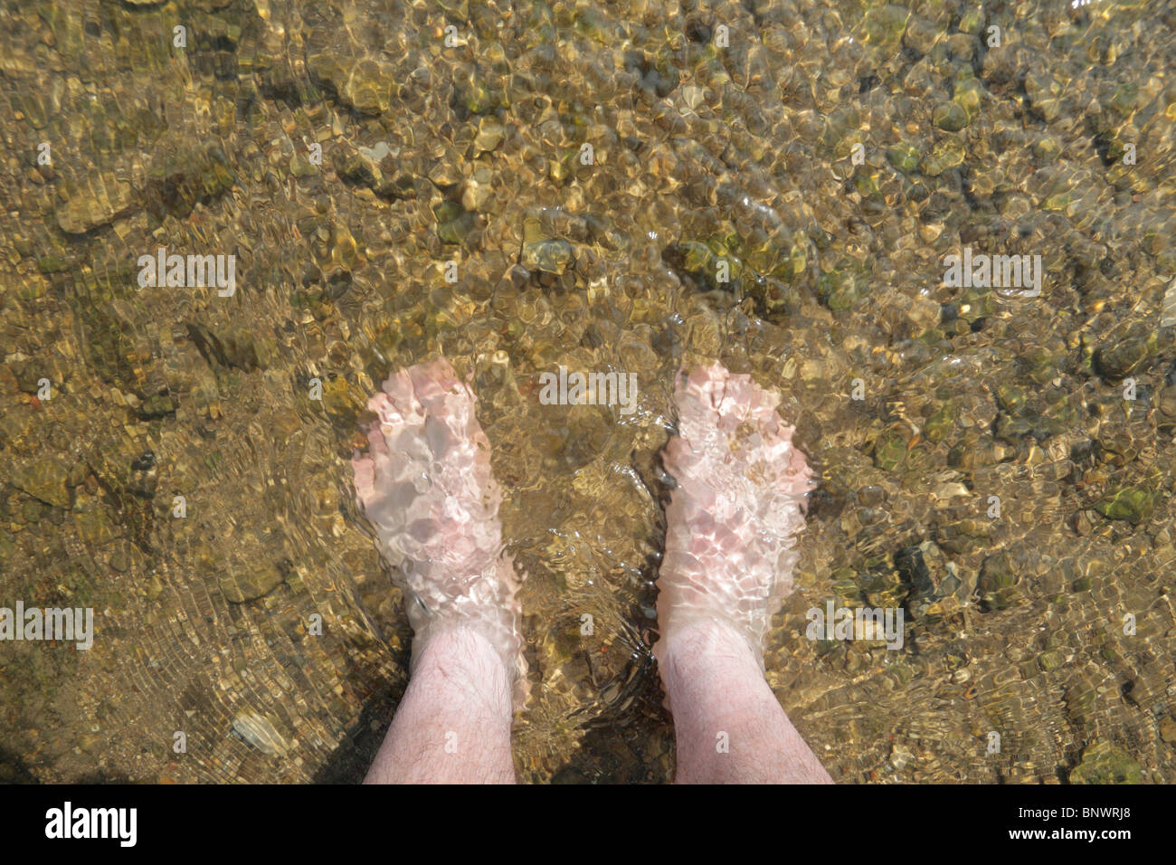 A pair of cold (very cold) white feet in a clear water stream in Dorset ...