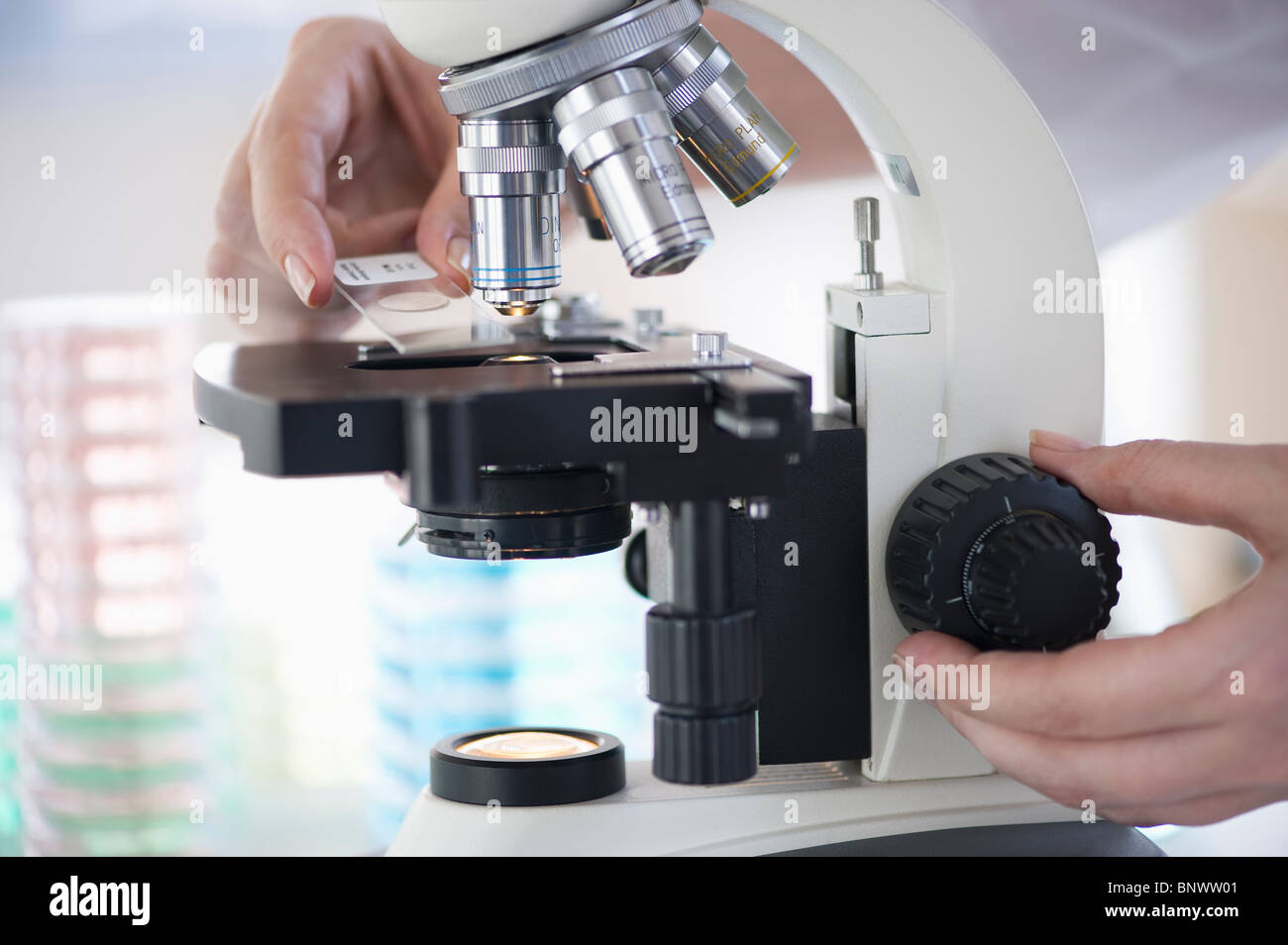 Hands on a microscope Stock Photo - Alamy