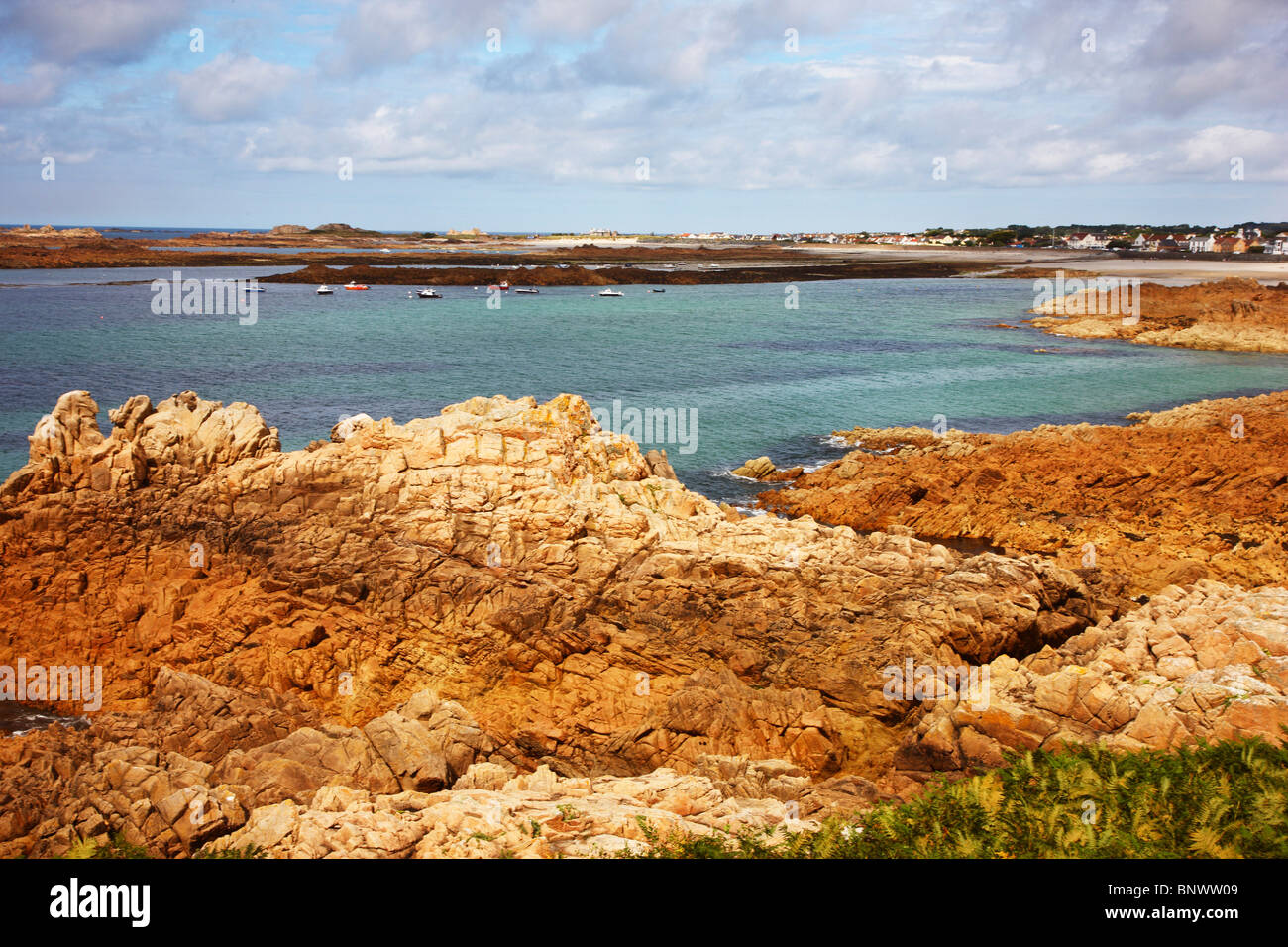 Rough coastline, rocks, north coast of Guernsey, Channel Islands, UK ...
