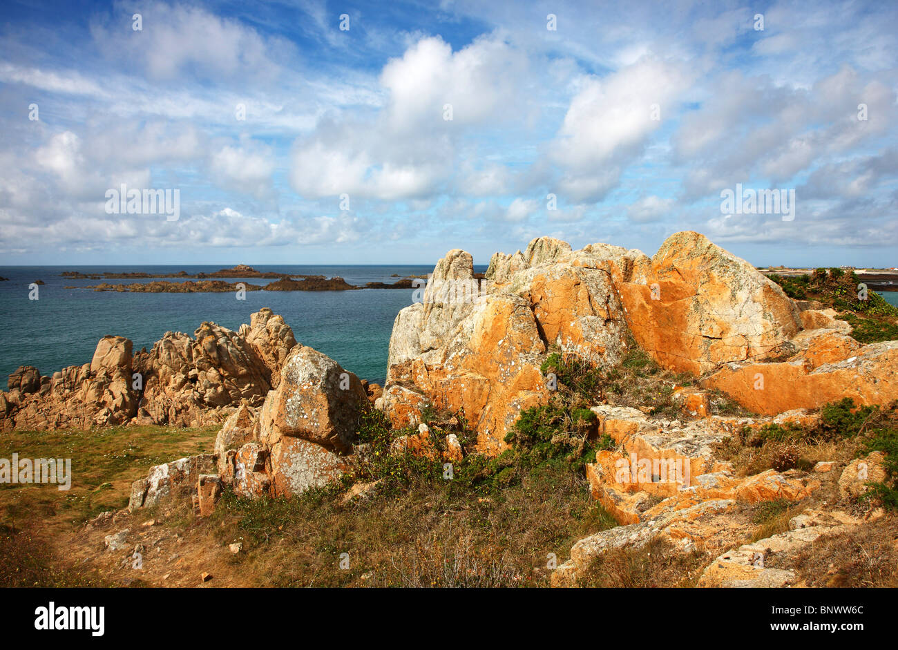 Rough coastline, rocks, north coast of Guernsey, Channel Islands, UK ...