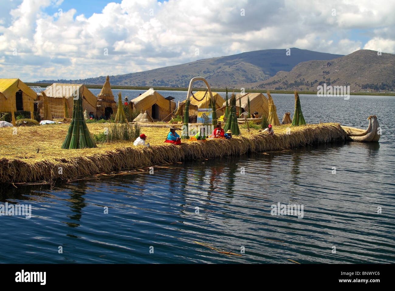 Uros people living on the floating islands of the Lake Titicaca in Peru ...