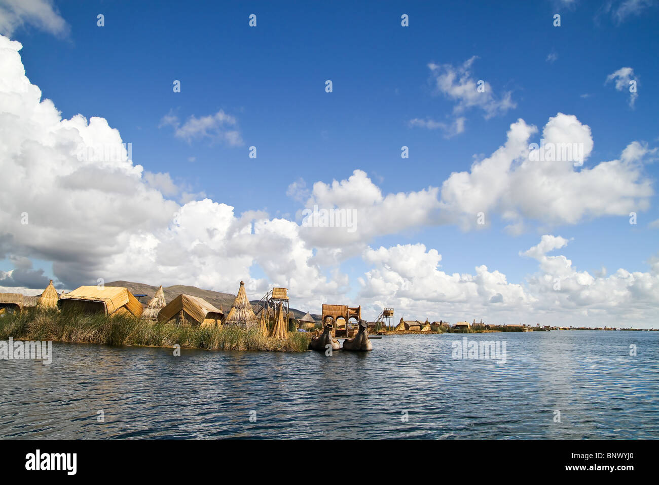 Uros people living on the floating islands of the Lake Titicaca in Peru ...