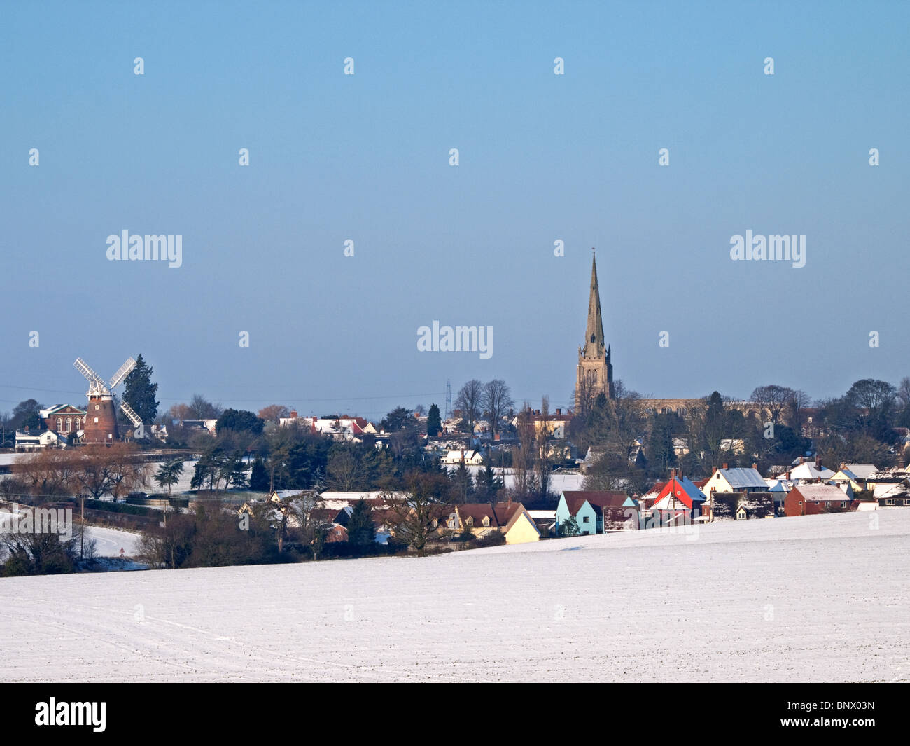 The village of Thaxted, Essex following a winter snowfall Stock Photo ...
