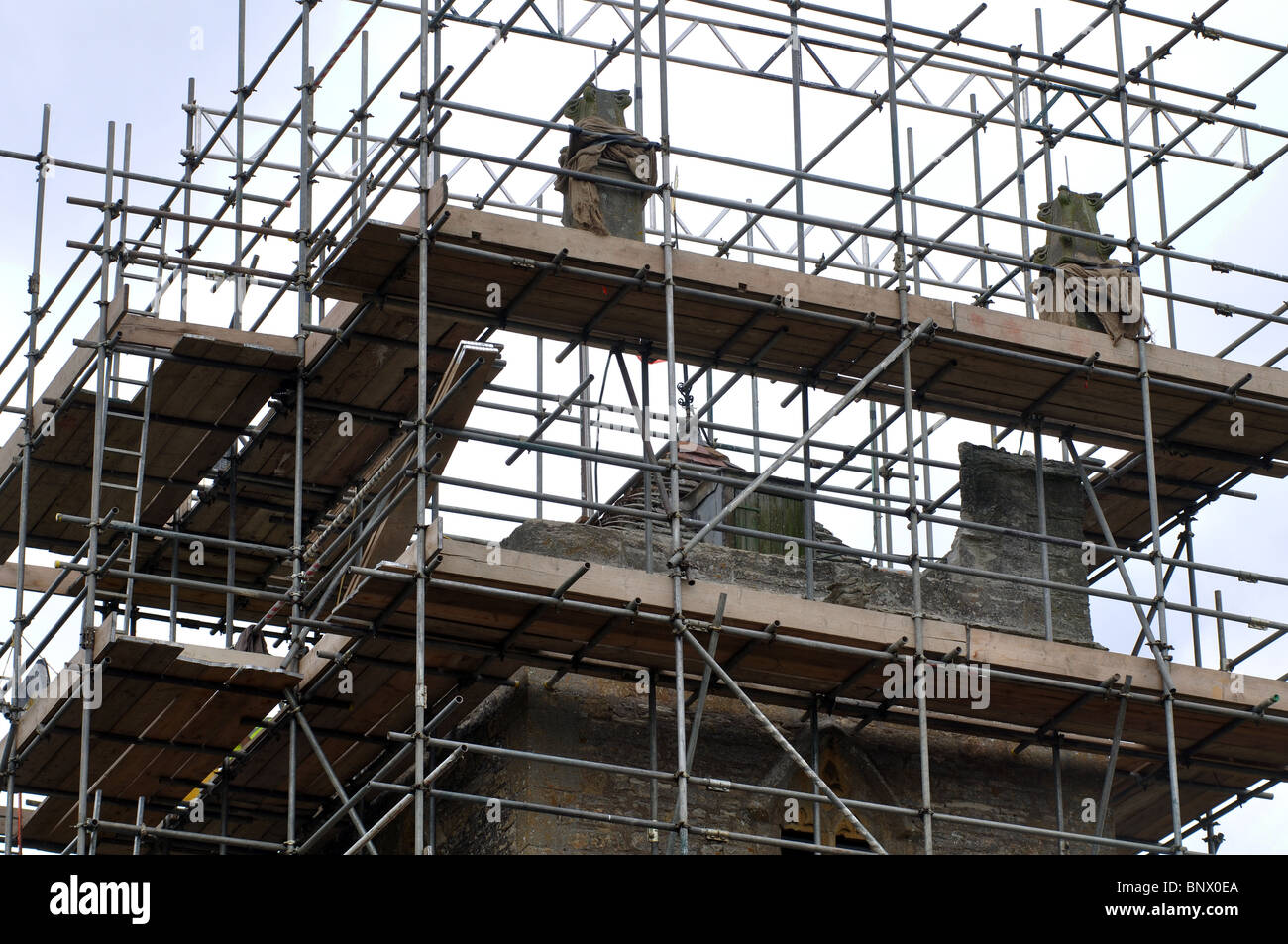 Scaffolding on tower of St. Helen`s Church, Clifford Chambers ...