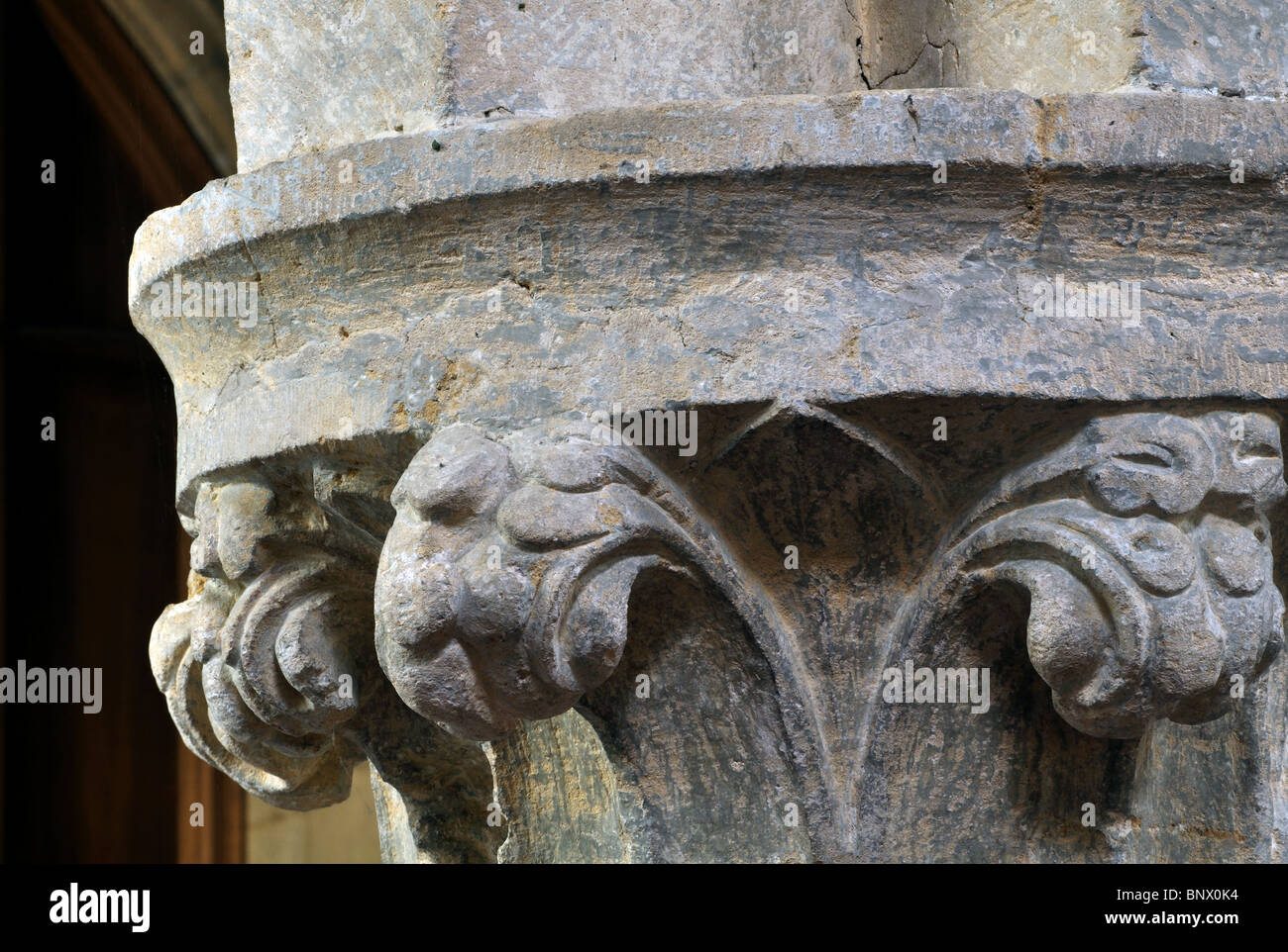 Carved capital in St. Lawrence`s Church, Mickleton, Gloucestershire ...